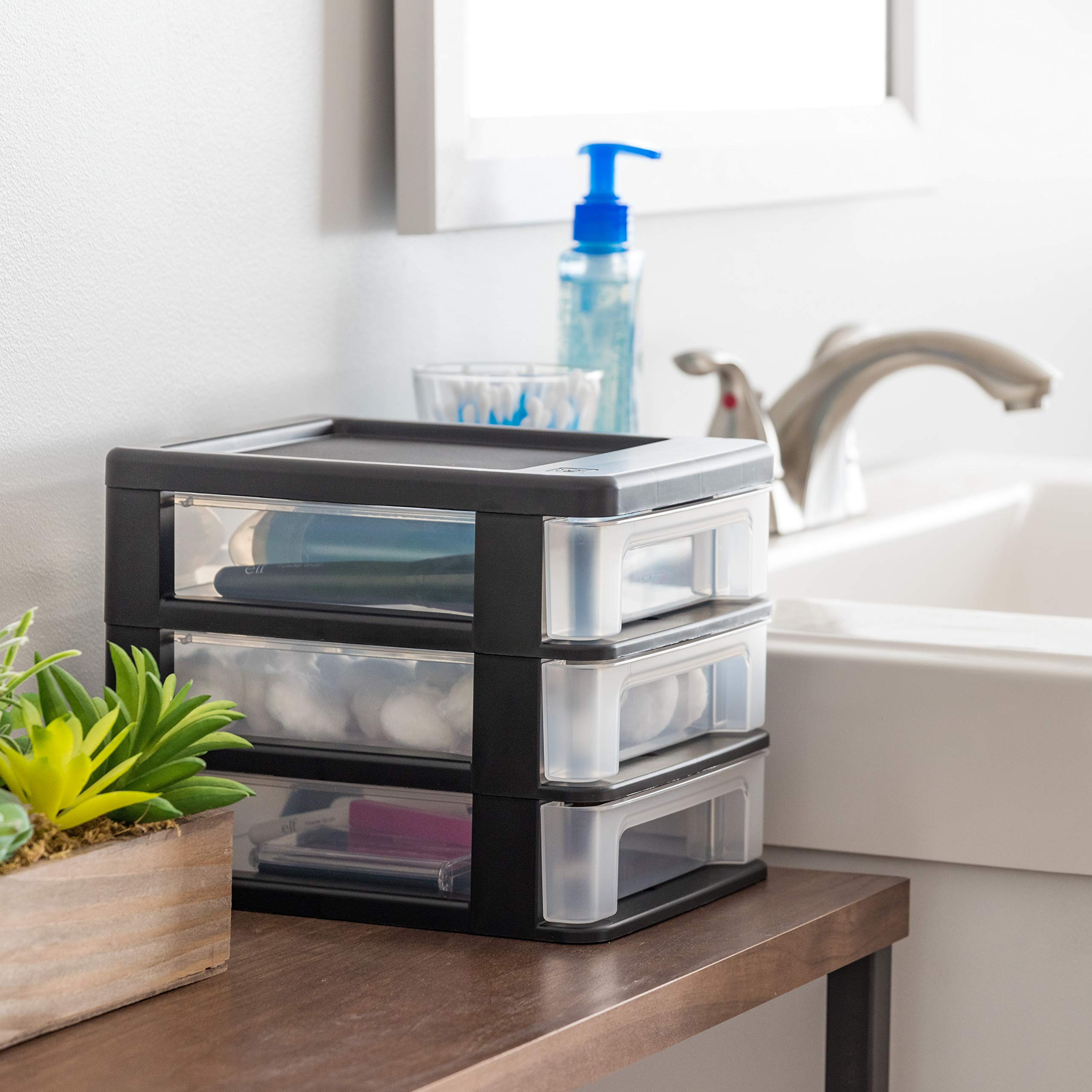 IRIS USA Small 3-Drawer Plastic Desktop Organizer, 2 Pack, Stackable Office School Stationery Makeup Bathroom Utility Medical Supplies Desk Organizer Versatile Storage, Black