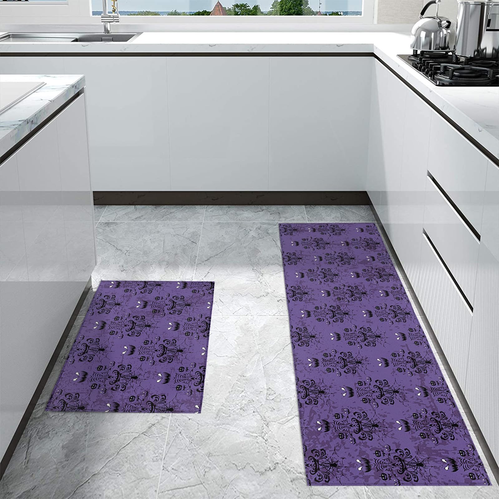 Kitchen Rugs and Mats Sets of 2 Halloween Non-Slip Rubber Backing Area Rugs Washable Runner Carpets for Floor, Kitchen Ghost Face Purple Pattern Pumpkin Spider 15.7x23.6+15.7x47.2inch