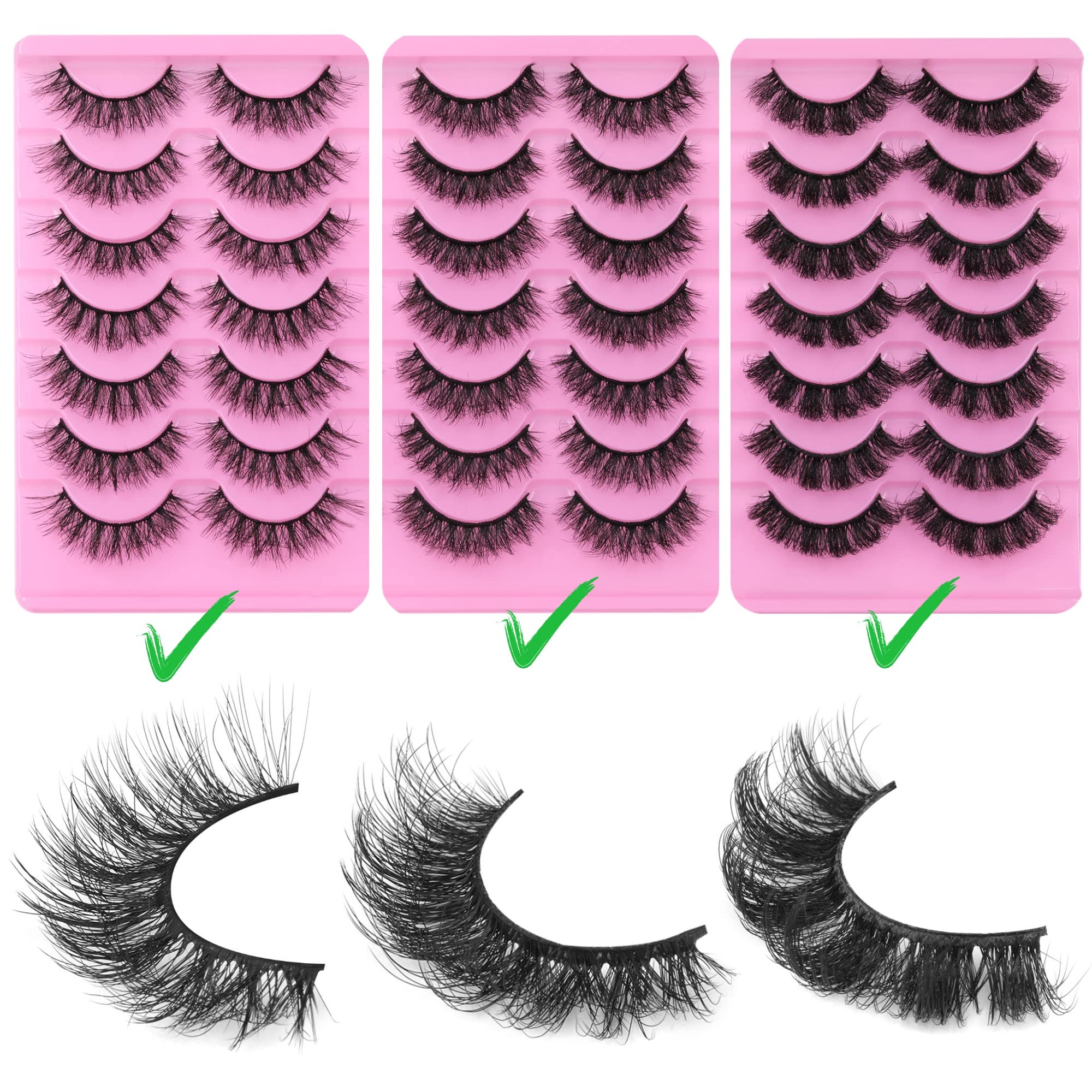 Natural False Eyelashes Mink Lashes Fluffy Wispy Cat Eye Lashes Pack 3 Styles 5D Lashes That Look Like Extensions by Geeneiya, 7 Pairs×3
