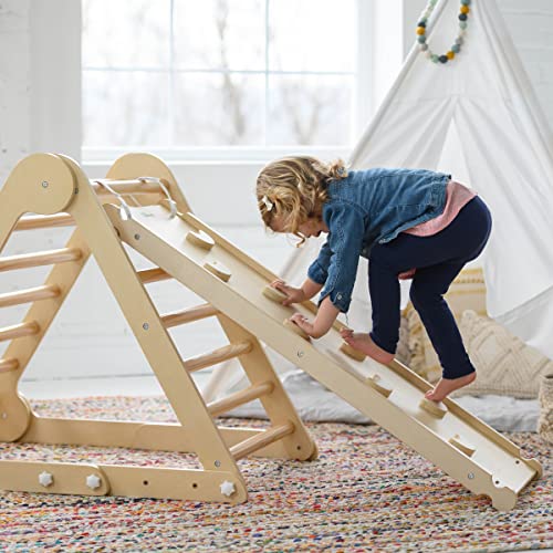 Little Partners Climbing Wood Kids Slide Ladder, 2-in-1 Climbing Ramp Slides for Kids Accessory for Learn 'N Climb Triangle with Secure Hooks, Hand and Foot Grips (Slide Only, Natural)