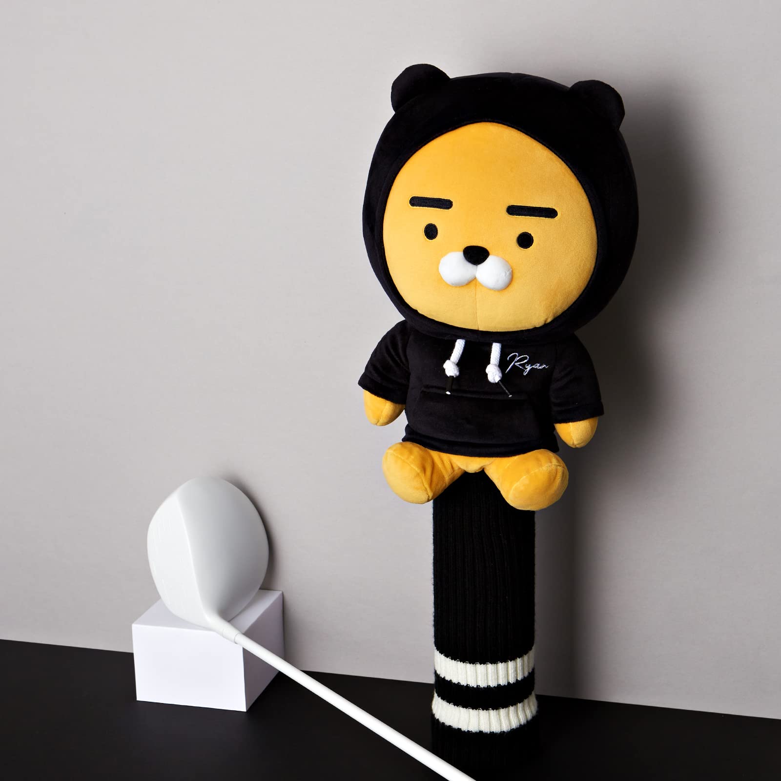 KAKAO FRIENDS GOLF Black Hoodie Driver Head Cover, Character Golf Club Cover, Soft Microfiber Cover, with Golf Tee Holder (Ryan)