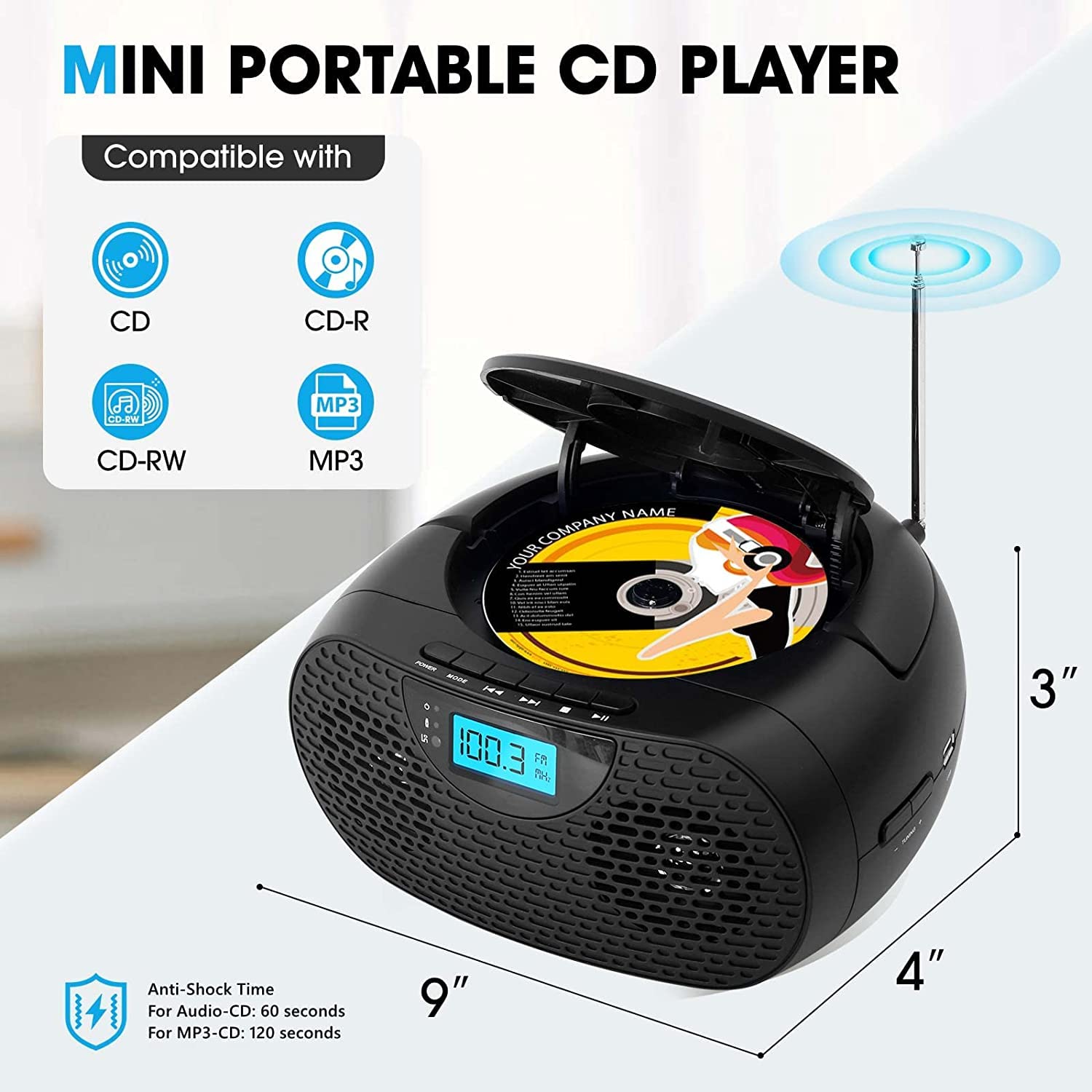 Portable Bluetooth CD Boombox, Mini Small CD Player with Remote Control, Rechaegeable FM Radio, Stereo Sound Speaker Audio Player, USB Port, AUX Input Headphone Jack (Black)