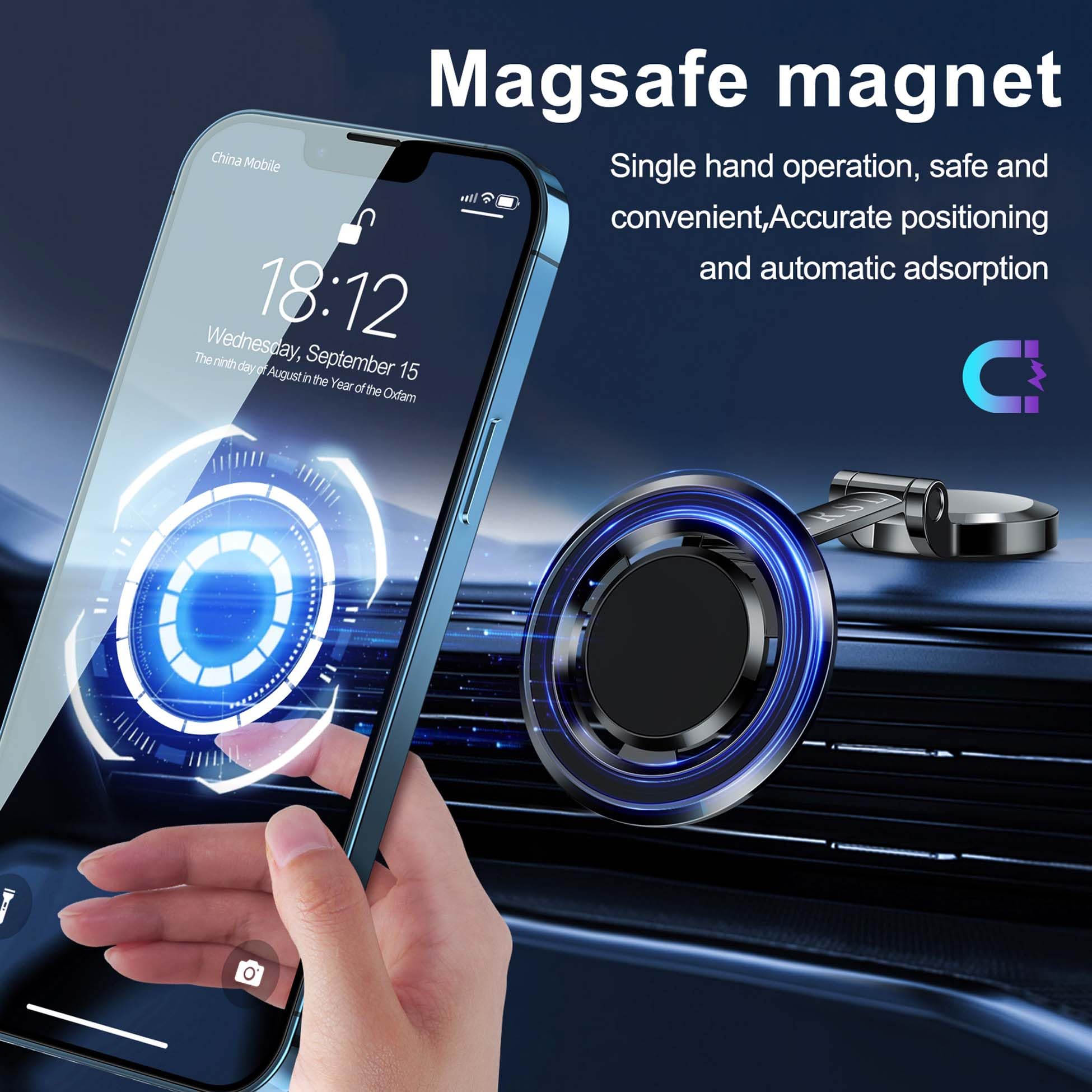 JTRSL for Foldable Magsafe car Mount - 360° Base Rotating Car Dashboard Magnetic Cell Phone Holder, Powerful Magnet Car Phone Holder, Compatible with All Smartphones-MagSafe Car Accessories