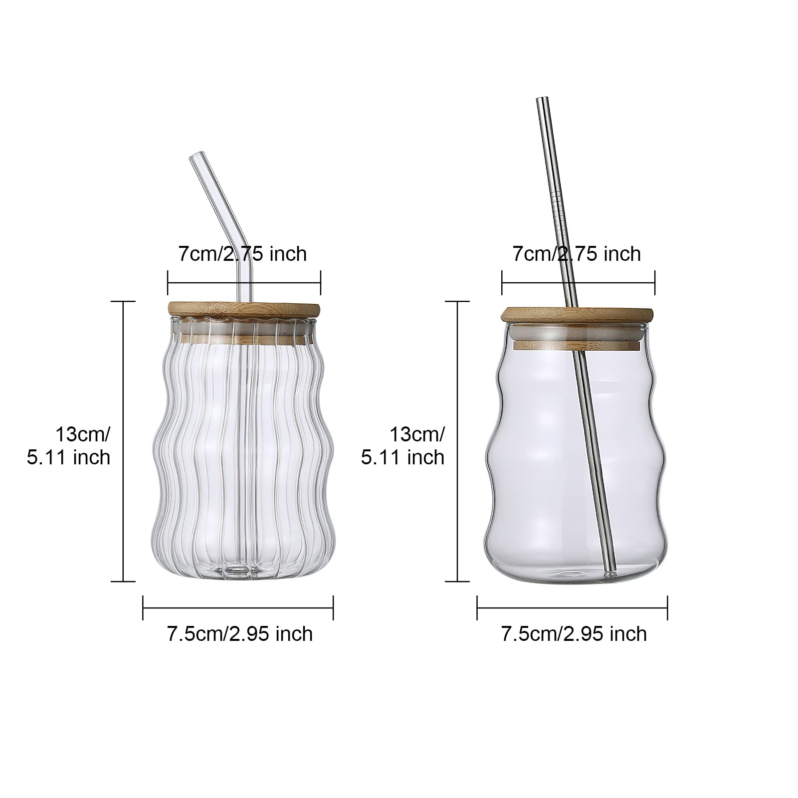 MANMAOHE 17oz Creative Drinking Glasses set of 2 Wave Shaped Glass Cups with Lids and Straws Beer Glasses Ice Coffee Glasses Vintage Ribbed Glassware for Juice Beverage