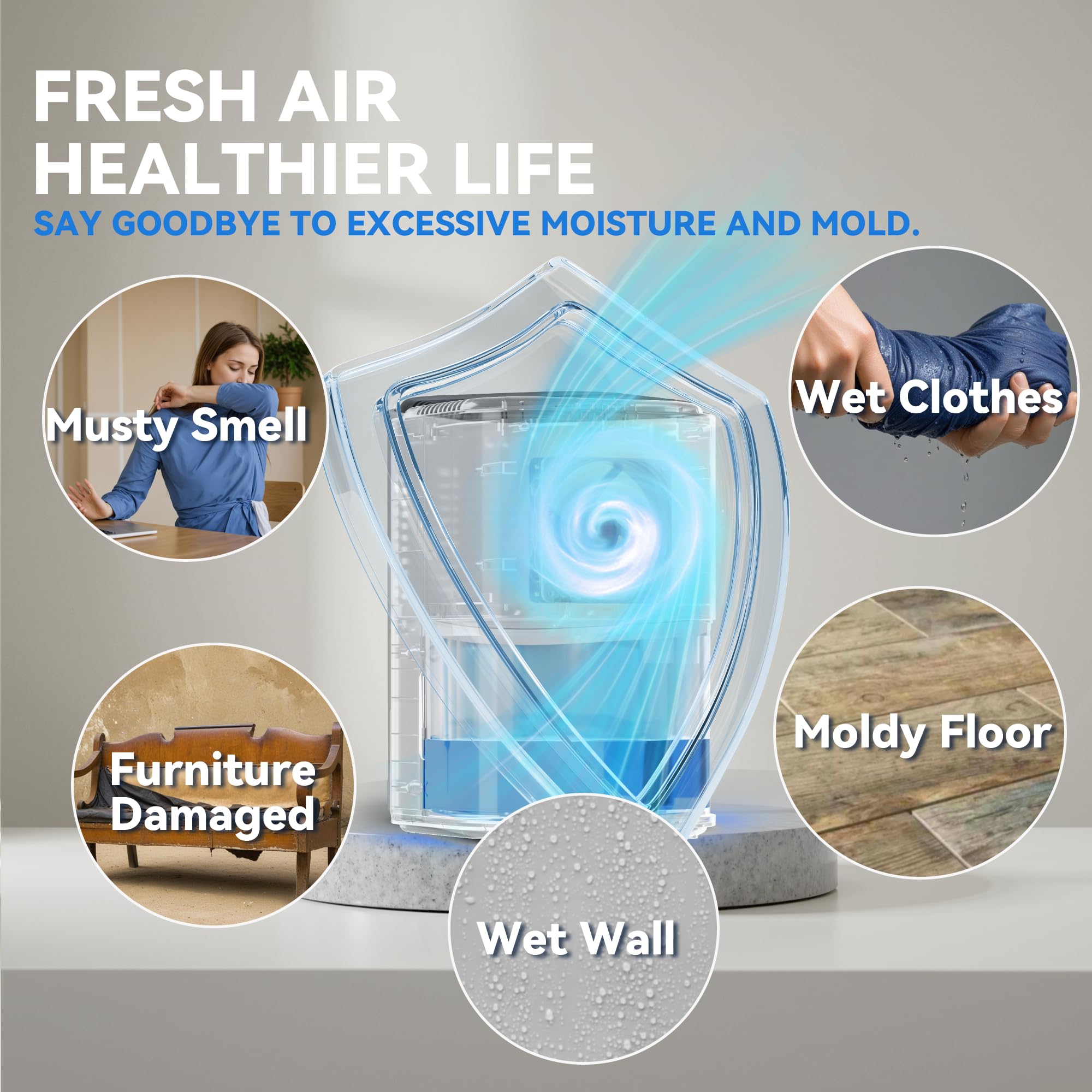 Urbansync Dehumidifier, 70 OZ Dehumidifiers 800 sq. ft coverage with Auto Turn Off at Full Tank, Energy Efficient Small Moisture Absorber, 7 Color LED Light, Quiet for use in Home, Bedroom, Bathroom.