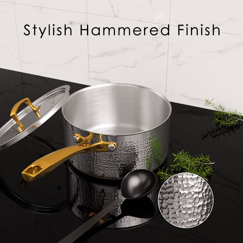 Homaz life Stainless Steel Pots and Pans Set, Tri-Ply Hammered Kitchen Cookware with Glass Lids, Induction Compatible, Non-Toxic, 10-Piece