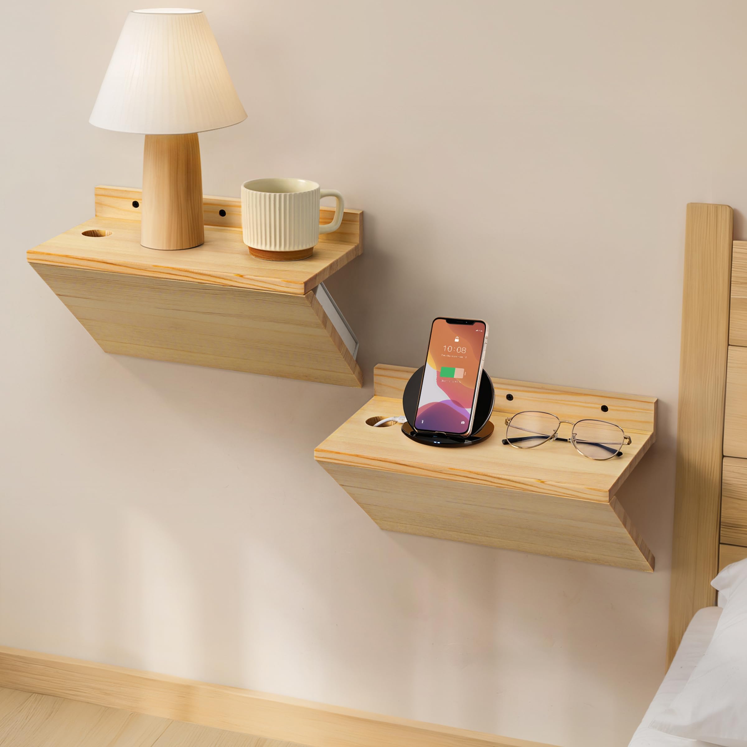 Sivapleso Floating Nightstand Set of 2, Natural Solid Wood Floating Bedside Tables Small Wall Mounted Nightstand Hanging for Bedroom