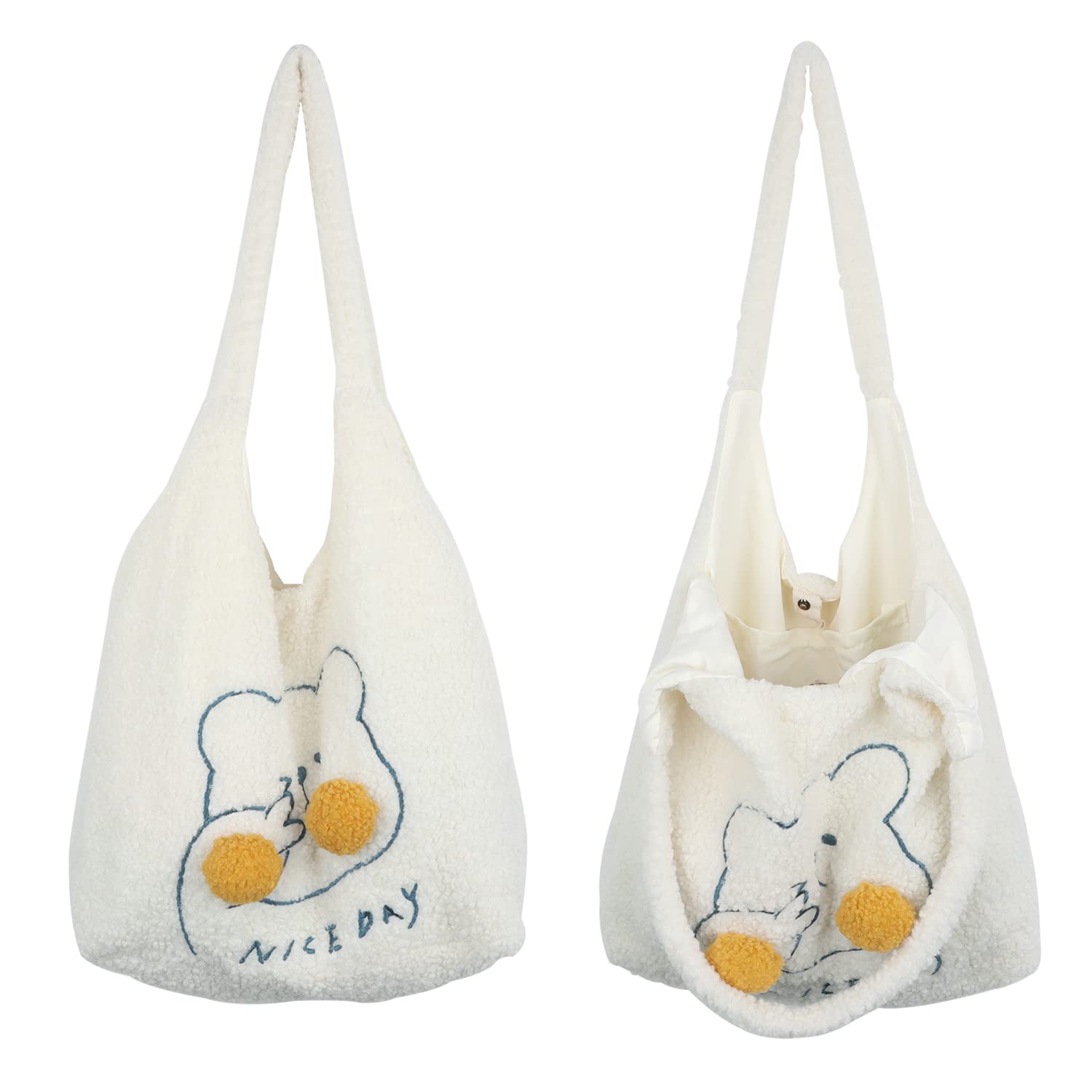 KUANG! Teddy Plush Shoulder Handbag Purse Cute Bear Fluffy Tote Plush Handbag Faux Lambs Wool Large Shopping Bag