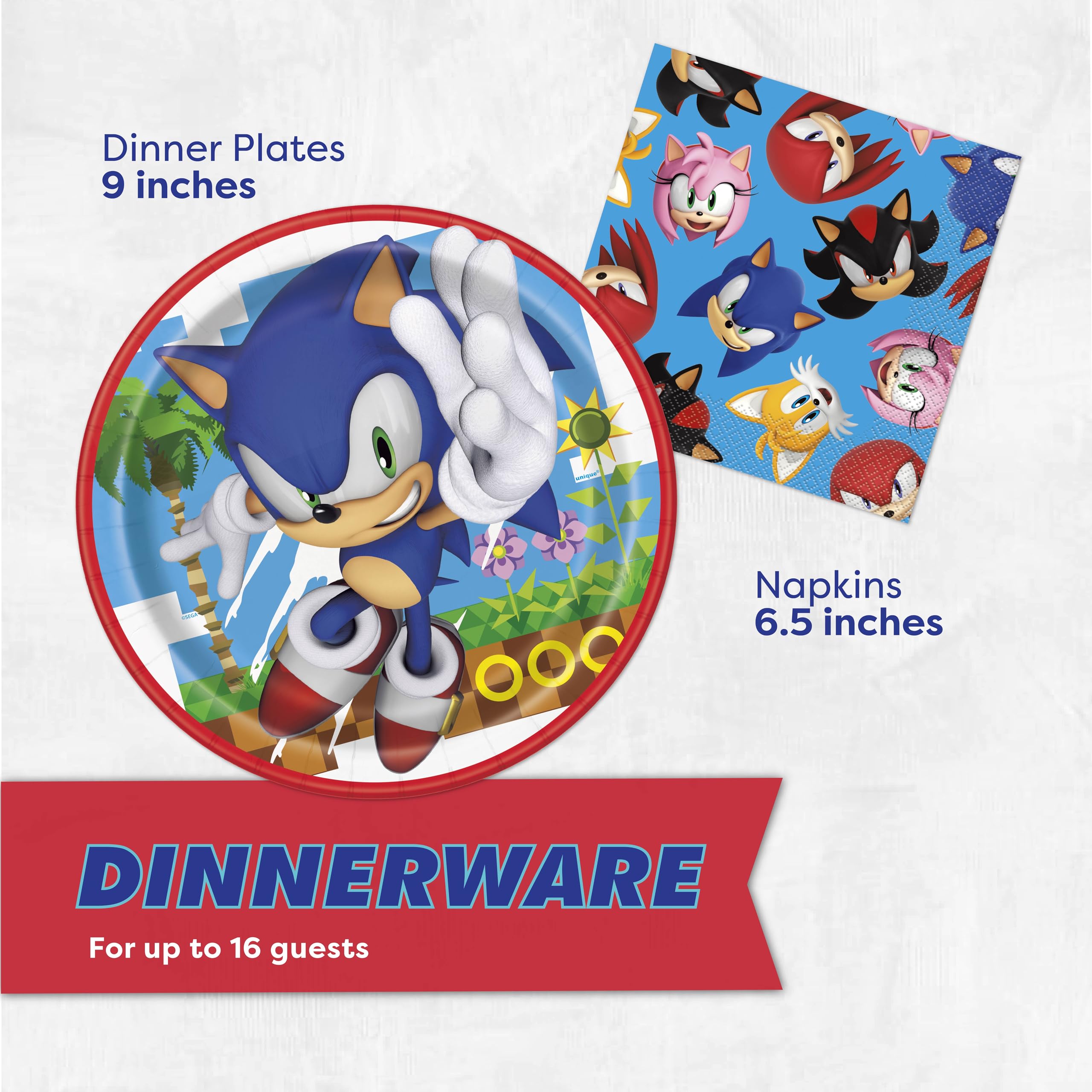 Sonic Birthday Party Decorations for 16 | Banner, Sonic Tablecloth, Sonic Plates and Napkins, Masks, Sticker | Sonic Party Decorations | Officially Licensed