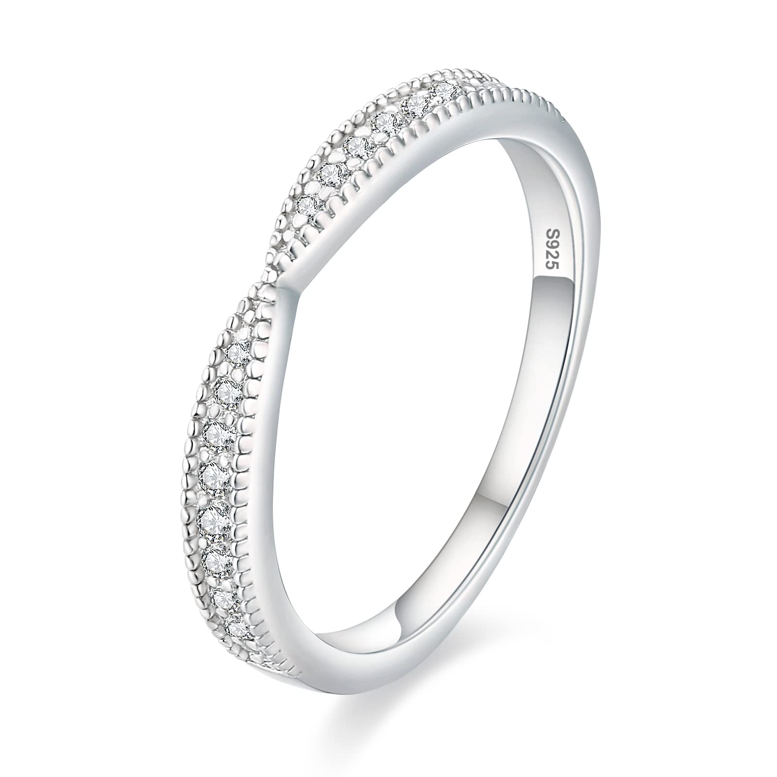 KRKC Moissanite Wedding Band, Half Eternity Rings with Lab Created Diamond, 0.33 Carat VVS1 Clarity Stone, S925 Sterling Silver Curved Stackable Ring for Promise, Anniversary and Bridal Gift (Size 8)