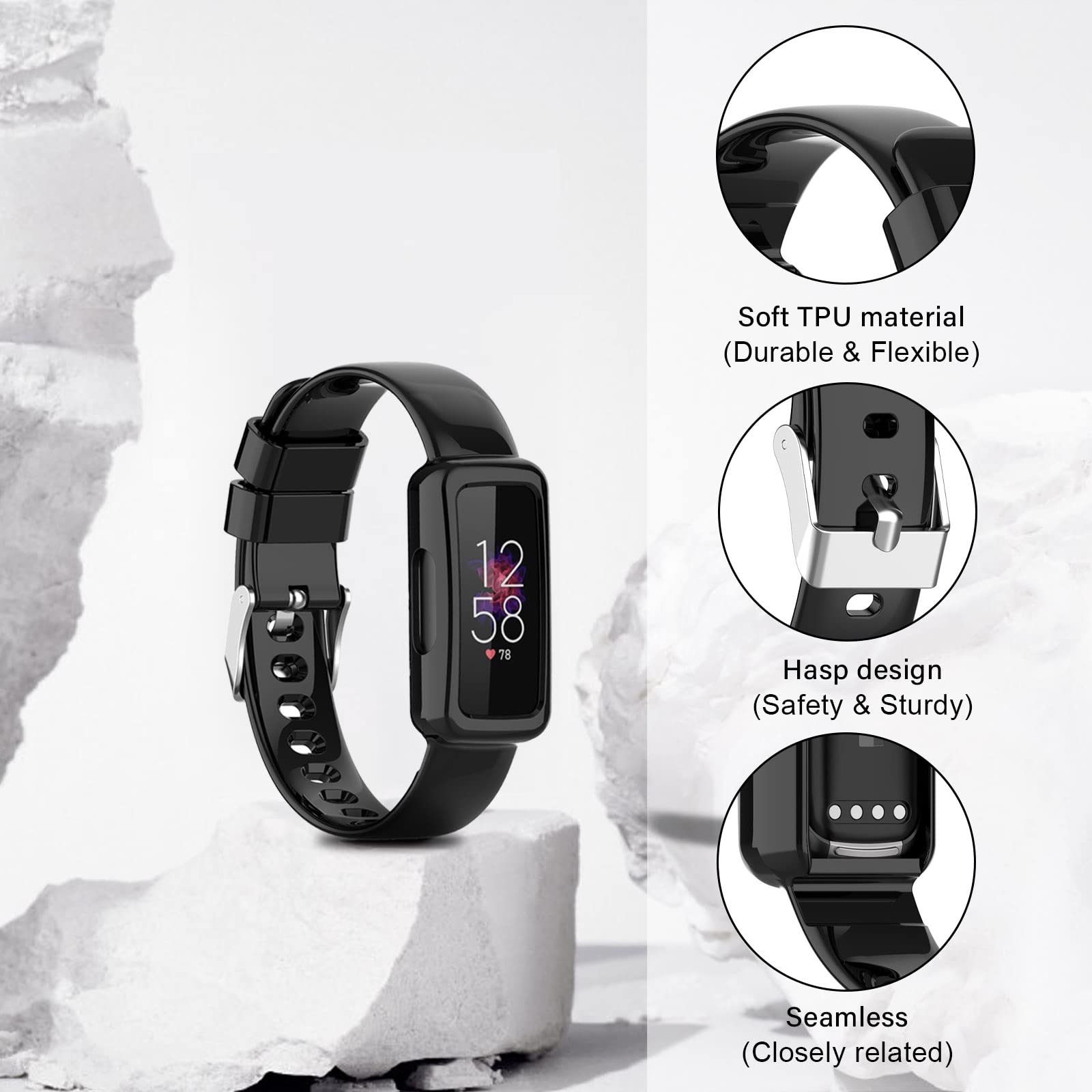Kakurookie 2 Pack Compatible with Fitbit Luxe/Inspire/Inspire HR/Inspire 2/Ace 2/Ace 3 Bands with Case Shockproof Rugged Band Strap with Protective Bumper Case Men Women (Clear + Black)