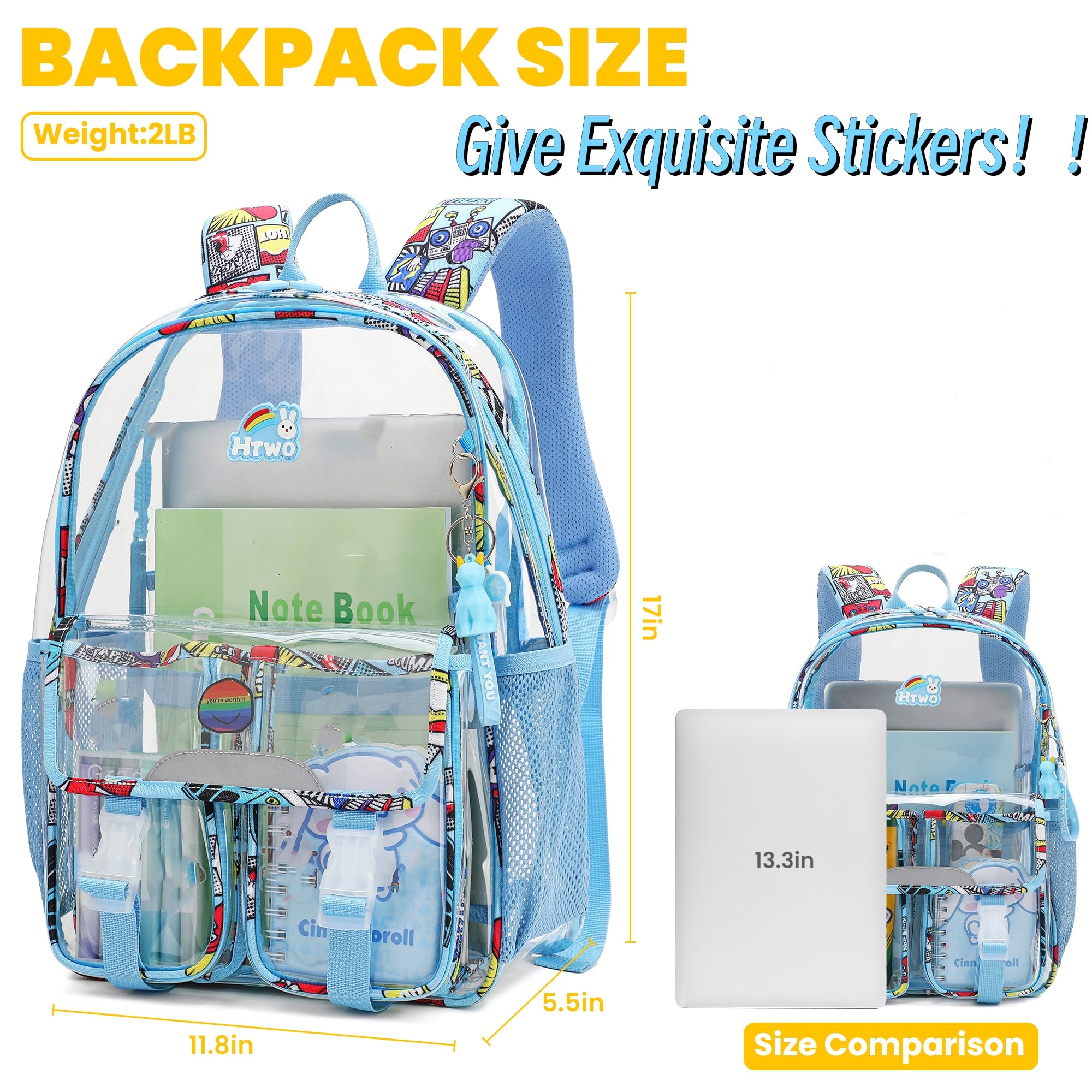 HTWO Clear Backpack For Girls Clear Book Bag Stadium Approved PVC Upgrade Backpacks For School Heavy Duty With Pendant (Dark Blue)