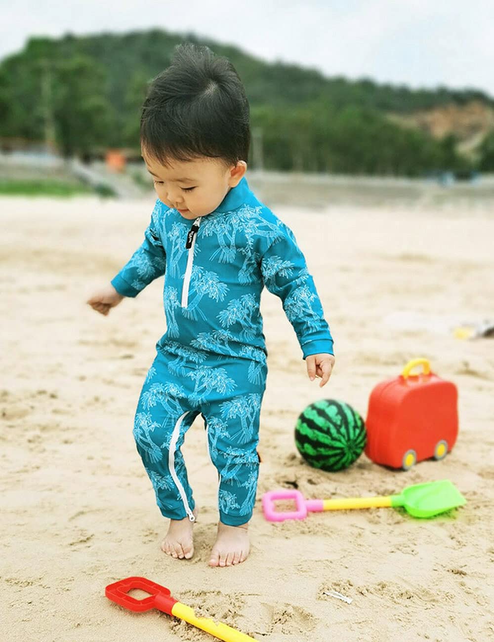 Nytabbe Baby Swimsuit Boy with Hat 6-12 Months Long Sleeve One Piece Full Body Rash Guard Easy Diaper Change UPF 50+ Sun Protection