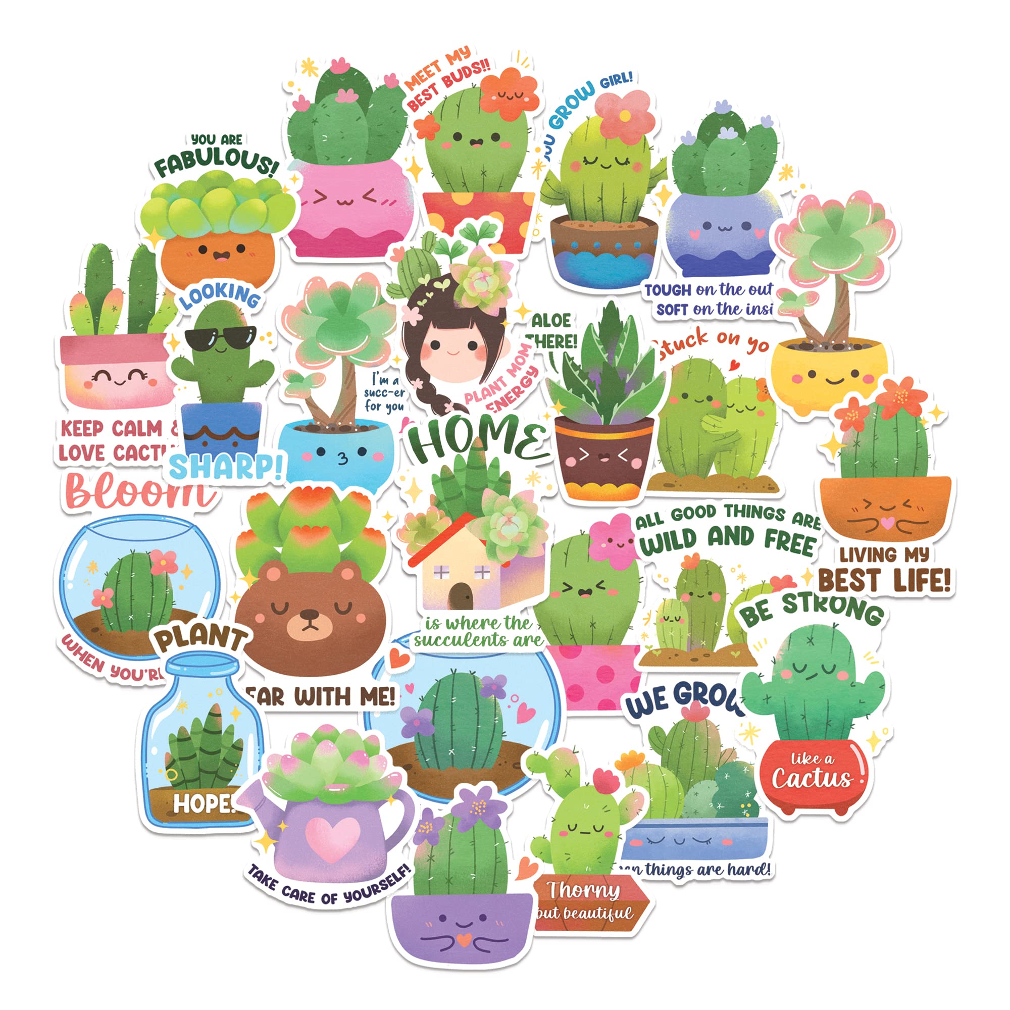 Navy Peony Lovable Cactus and Succulent Stickers (25pcs) - Waterproof, Child Proof House Plant Quote Stickers for Kids Craft, Laptop, Party Favors