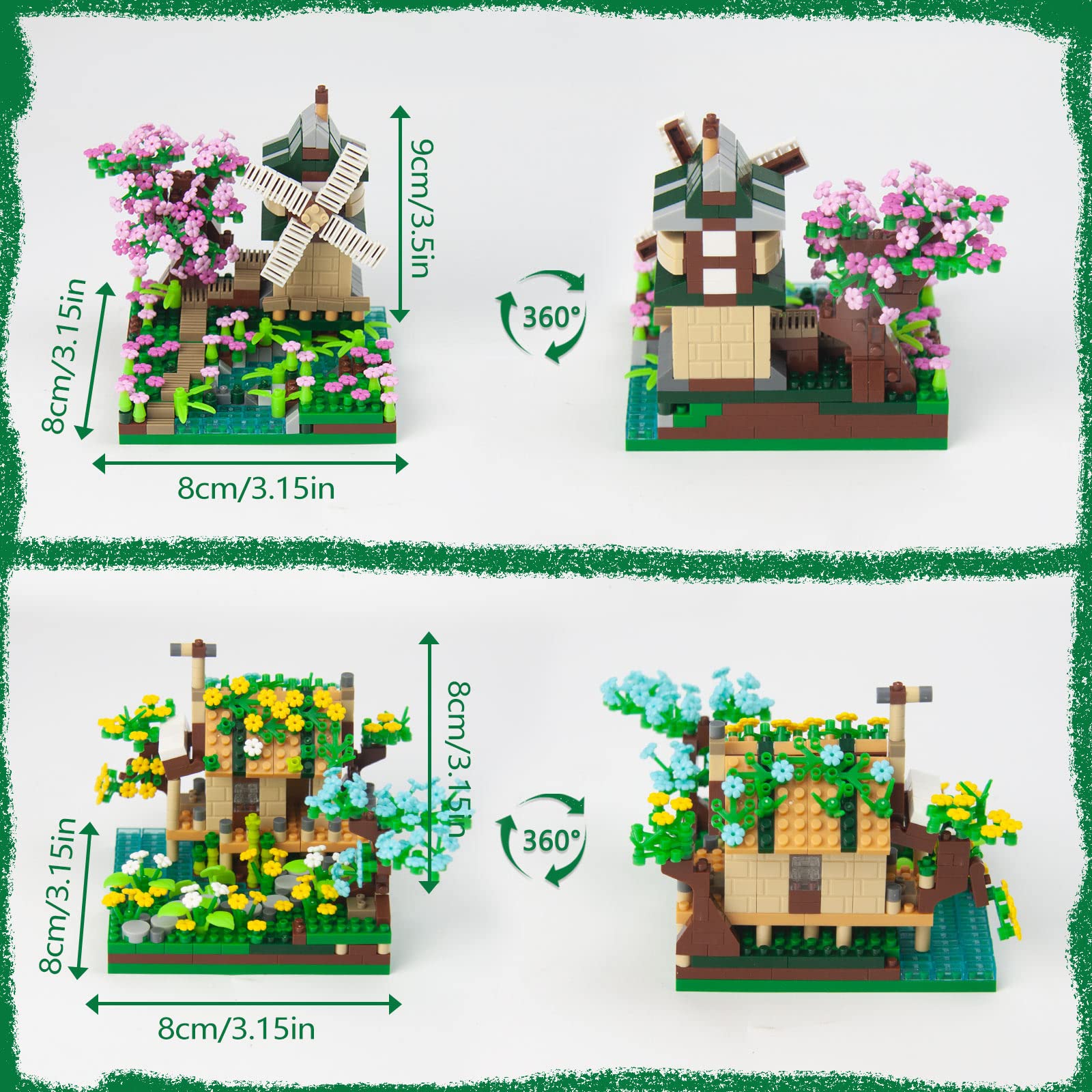 OundarM 2 Sets of Street View Mini Blocks Kit- Cherry Blossom Windmill Bonsai & Cabin Tree Building Blocks Set, Botanical Collection Building Set for Adults, 12+ Teens (1200 Pcs)