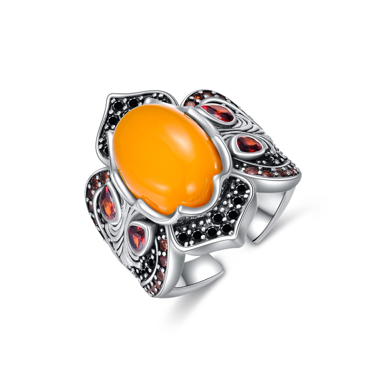 KOUROU Vintage Amber Ring 925 Sterling Silver Ring Adjustable Rings (size6-8)
