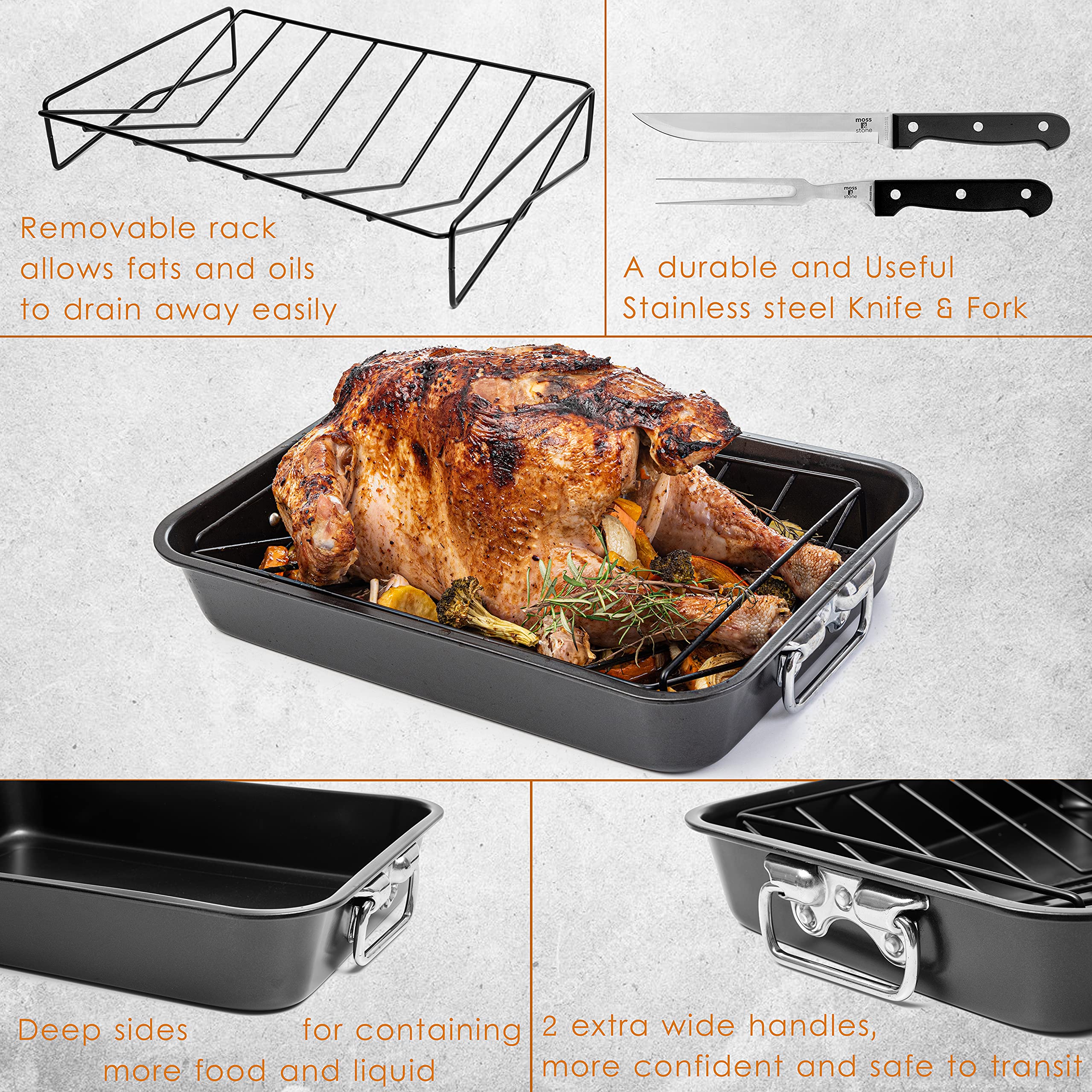 Moss & Stone Carbon Steel Roaster Pan With βVβ Shape Removable Roasting Rack Set, 16.5 Inch Rectangular Nonstick Roasting Pan, Turkey Roaster Pan Rack With Carving Fork & Chef Knife