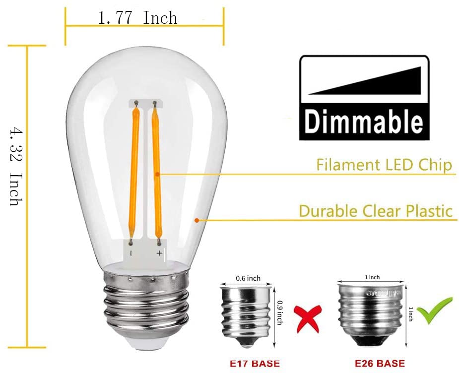 Jasneniebo 15 Pack LED S14 Replacement Light Bulbs, Dimmable Shatterproof 2W Outdoor String Light Bulbs Equivalent to 11-25 watt, E26 Medium Base, Warm White