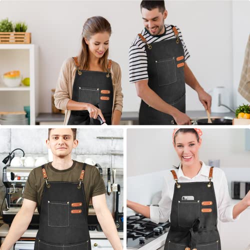 OUNLEN Chef Apron for Men Women Canvas Aprons with 3 Pockets Cross Back Resistant Work Apron for Cooking Grilling Baking BBQ Barber Kitchen (Black)