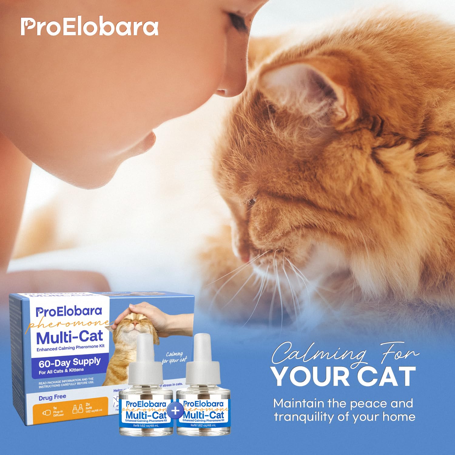 ProElobara Cat Calming Pheromone Diffuser: Cat Calming Pheromones Diffusers for Multicat - Reduces Stress & Anxiety with Calming Pheromones - Helps Control Bad Behavior with Calm Pheromone 60 Day
