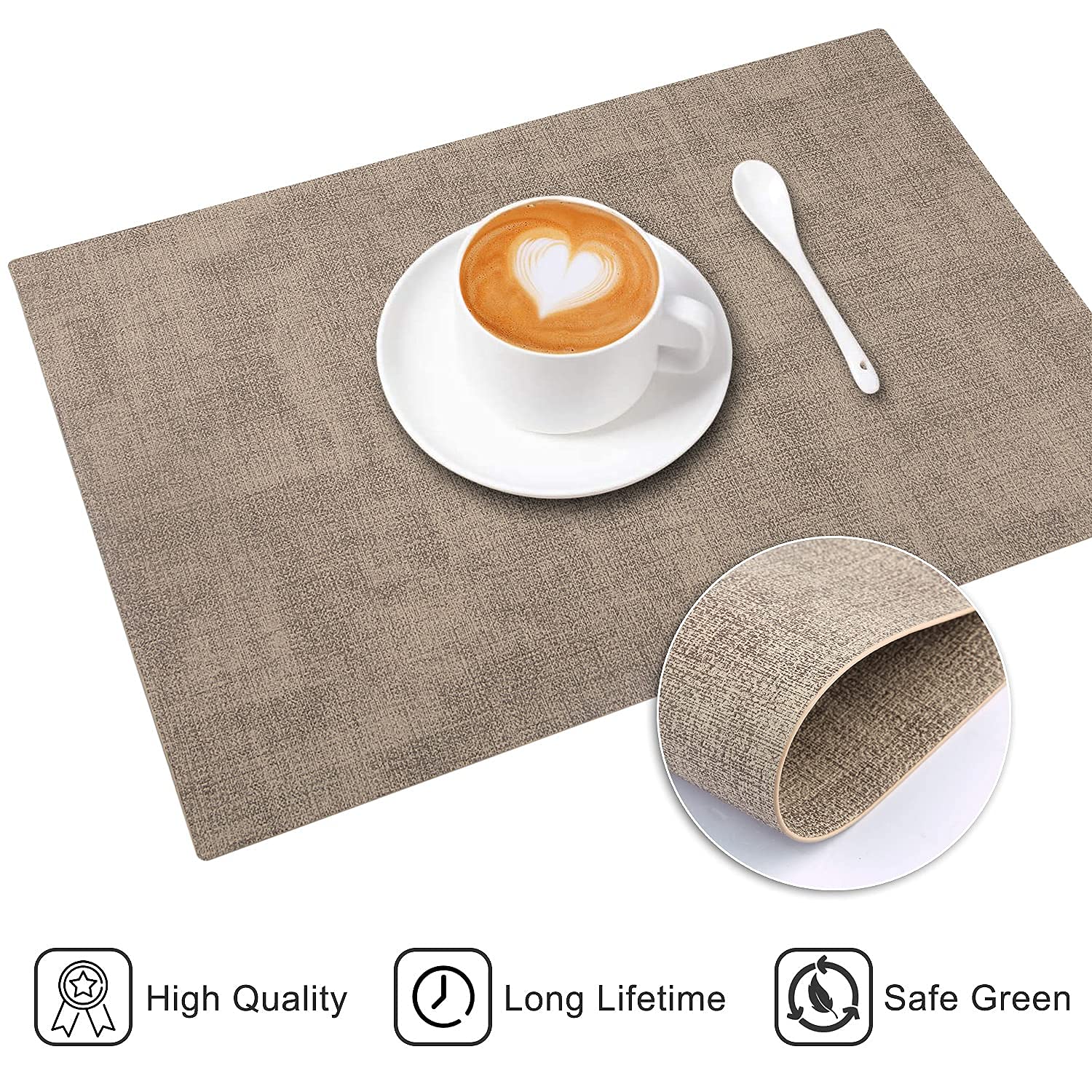 LANDVIEW Leather Heat Resistant Placemats Set of 6 Waterproof Wipeable Washable PU Table Mats,Easy to Clean Anti-Slip Place Mats (Light Brown, 6)