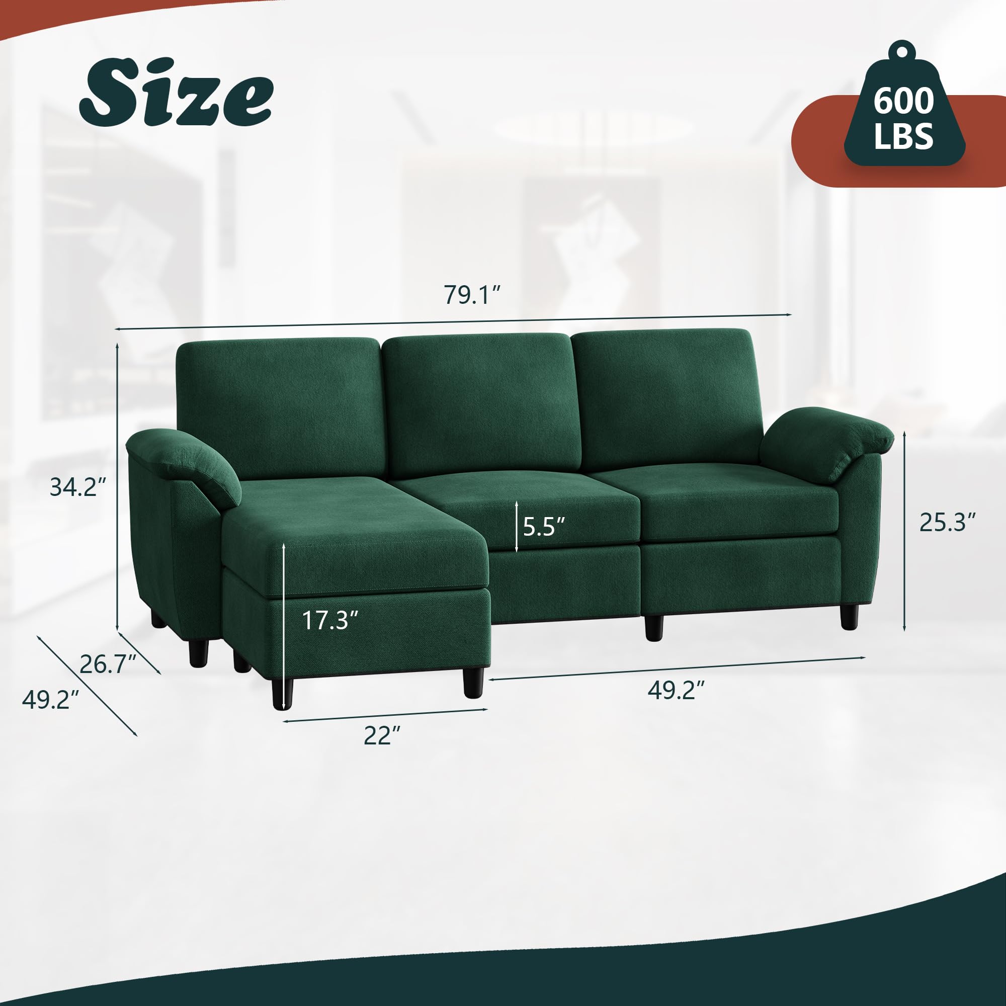 Vongrasig 79" Convertible Sectional Sofa Couch, 3 Seat L Shaped Sofa with Removable Pillows Linen Fabric Small Couch Mid Century for Living Room, Apartment and Office, Green