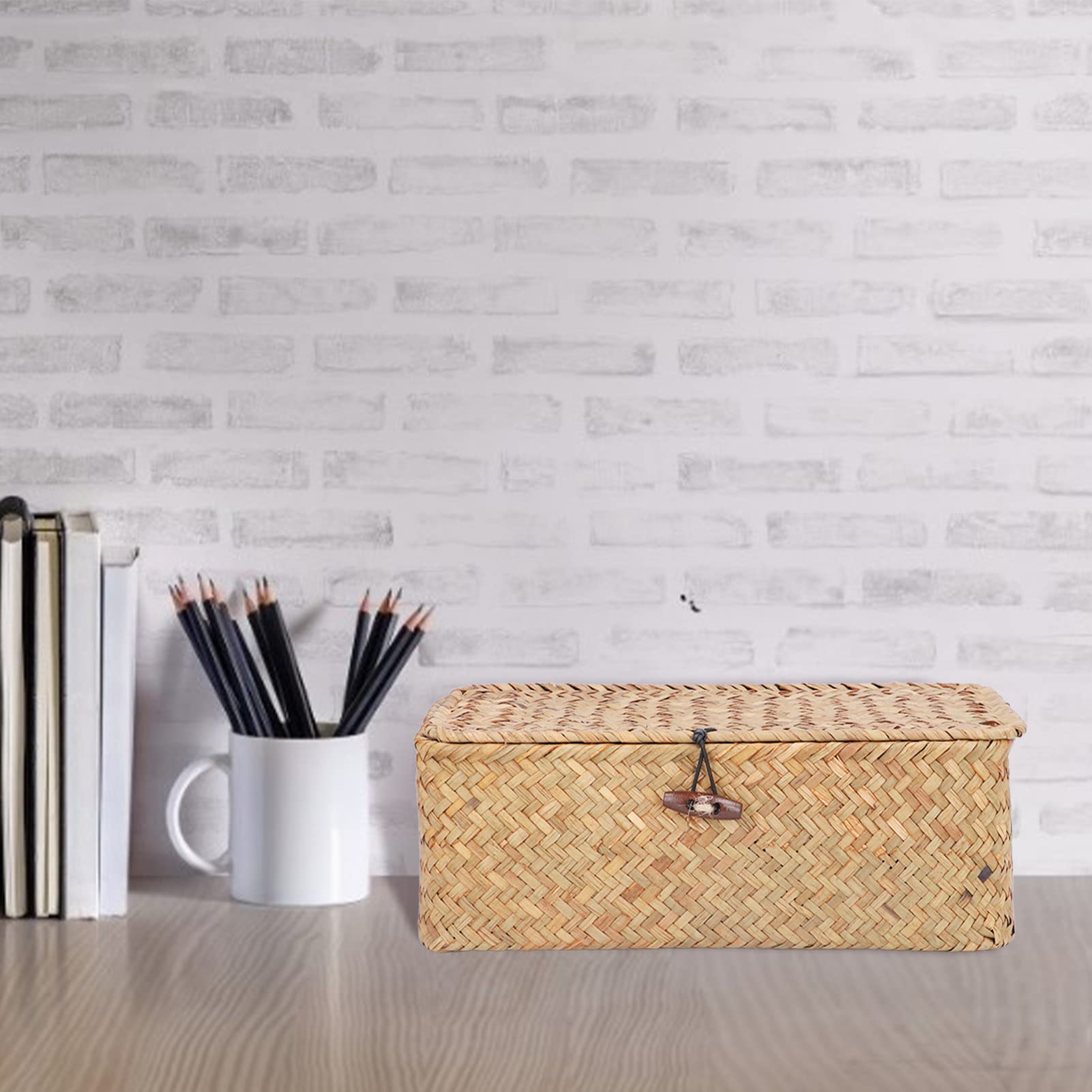 Jiawu Seagrass Baskets, Handwoven Seagrass Storage Bins with Lid, Multipurpose Rectangular Shelf Baskets, Household Boxes with Buckle, Small Rustic Container for Shelves Organizing (L)