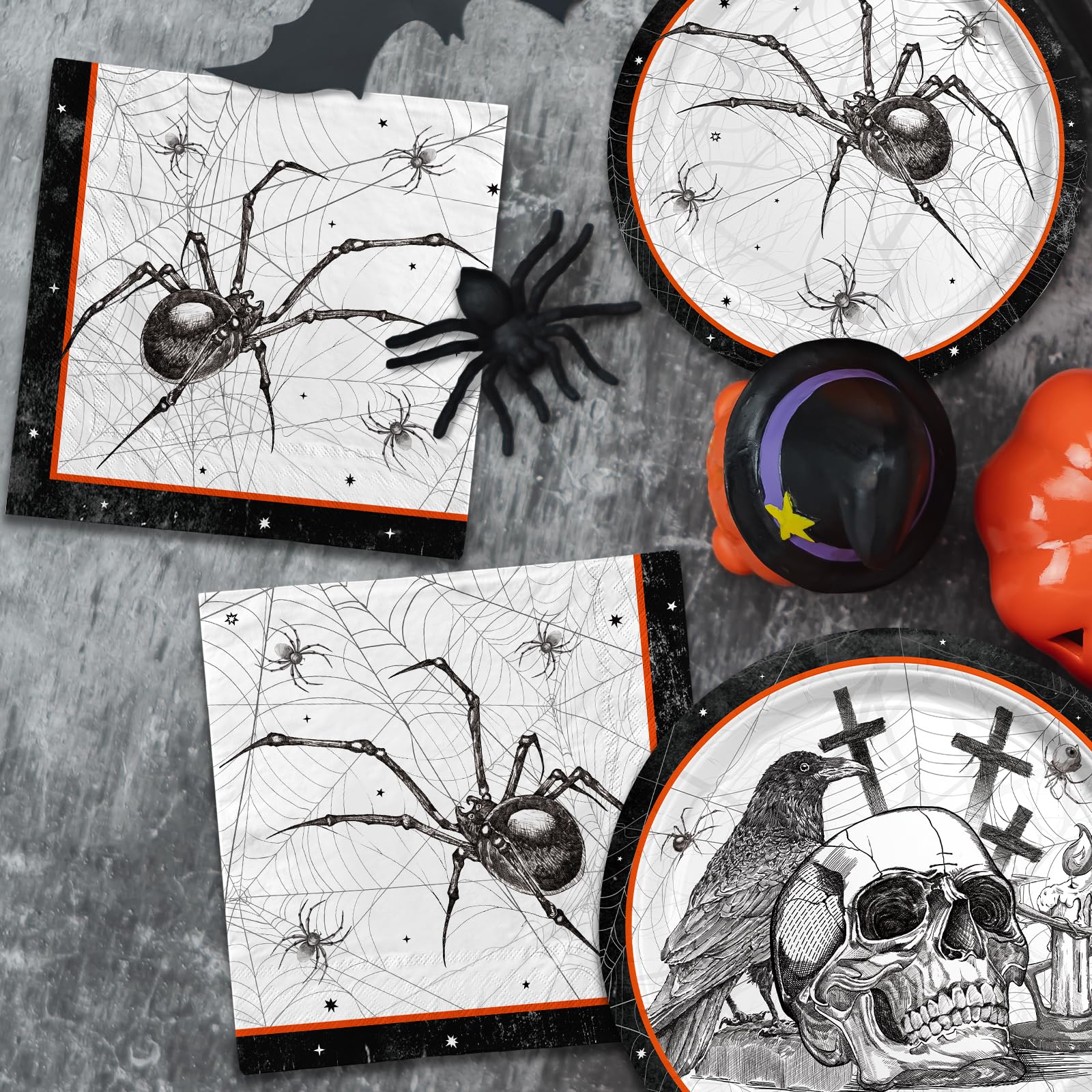 Spider Webs Halloween Party Supplies - Featuring Skull & Spider Themes, All-inclusive Wicked Web Paper Plates, Napkins, Cups, Tablecloth, and Banner. Ideal for Halloween Party Decorations, Serve 25 .