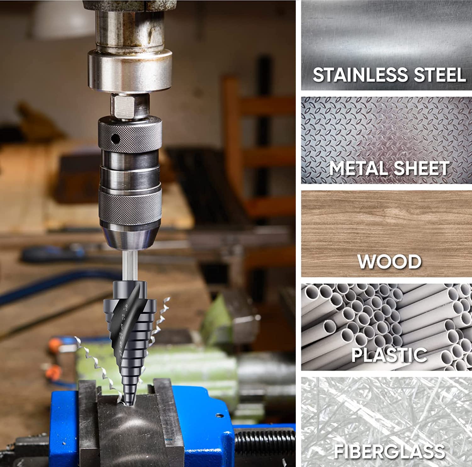 PASYRTM Double Fluted Step Drill Bit,Three Spiral Flute Step Bit (1/8"-1/2") High Speed Steel Drill bits for Hole Drilling in Stainless Steel, Copper, Aluminum, Wood, Plastic
