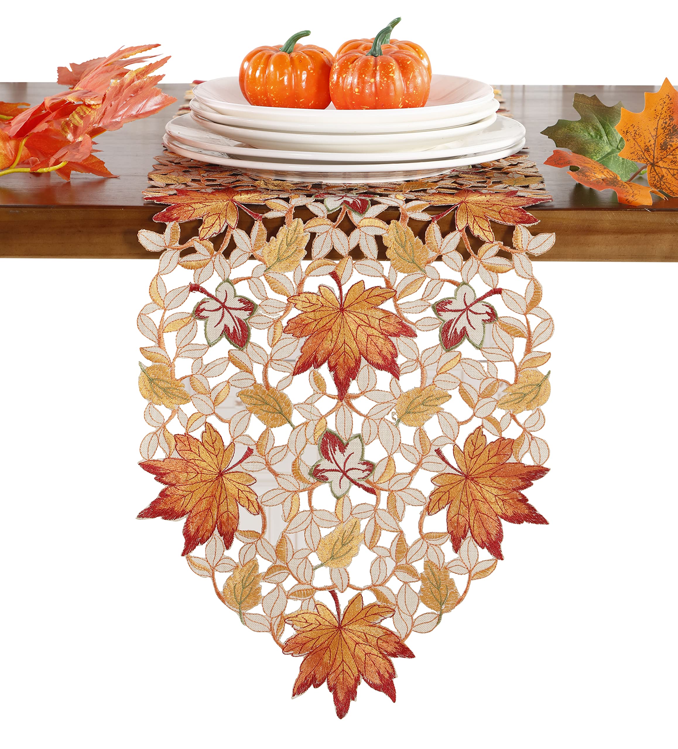 GRANDDECO Thanksgiving Harvest Table Runner Embroidered Cutwork Maple Leaves Dresser Scarf Table Cover Autumn Or Fall Decorations (Table Runner 13"x34")