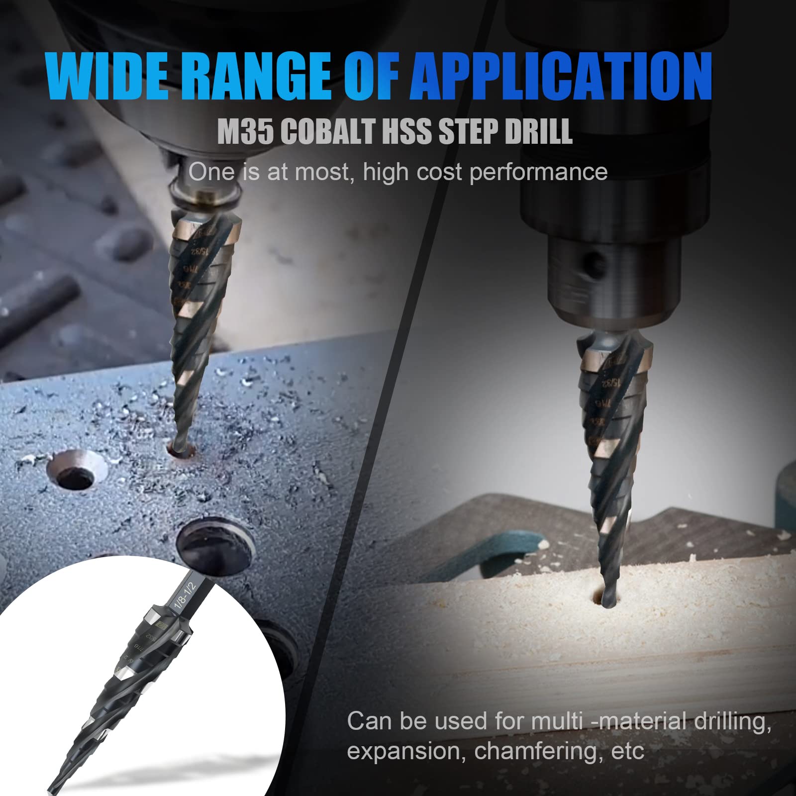 M35 Four Spiral Flute Step Drill Bit Set 1/8"-1/2" (13 Sizes ),1/4" Hex Shank Drill, Impact Resistant M35HSS Unit Stepper bit, for Stainless Steel, Wood, Aluminum, Plastic