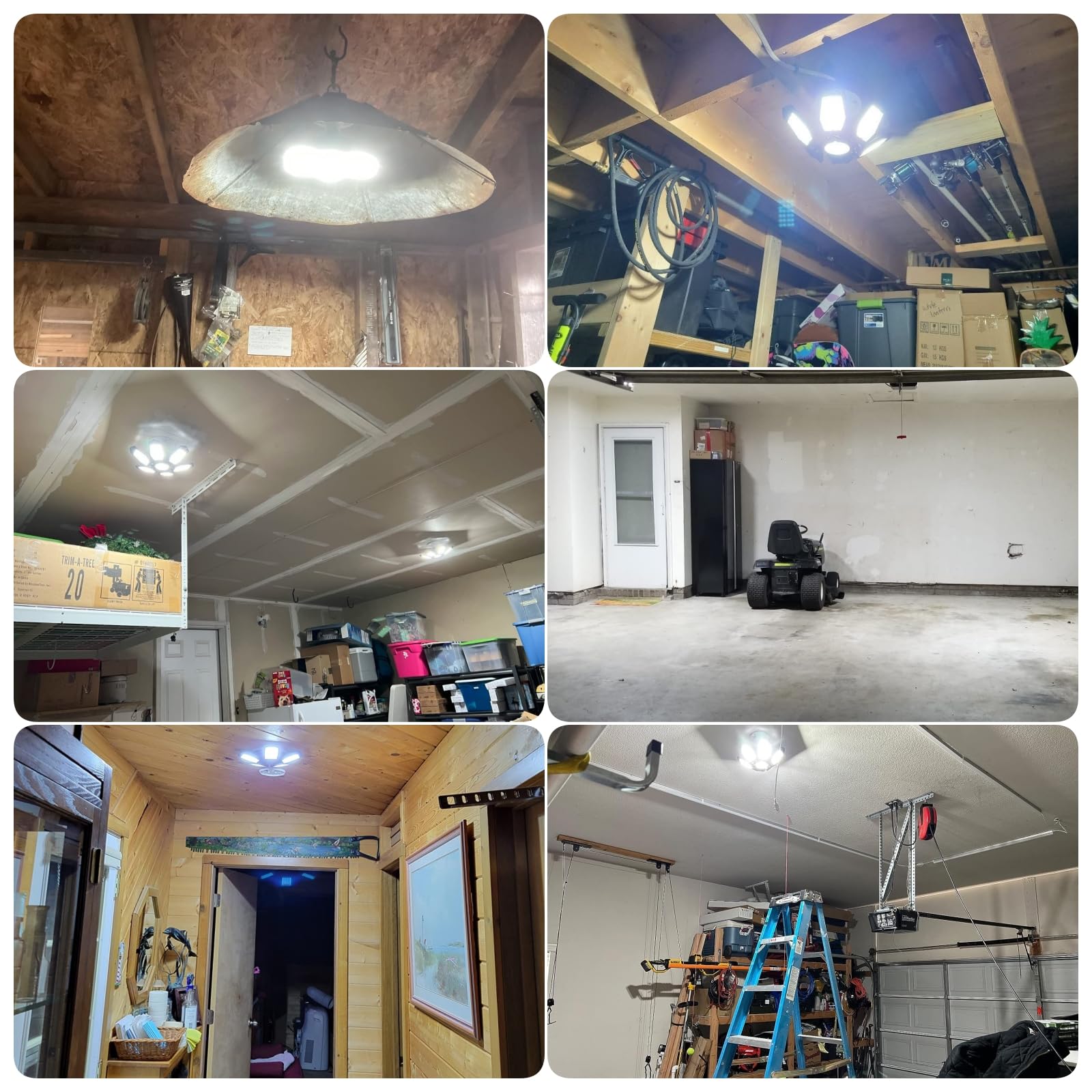 OUSHASAA 150W Garage Lights Ceiling LED, 15000LM 6500K Bright LED Shop Lights, Deformable E26/27 Screw in Garage Lights with 6+1 Adjustable Panels for Workshop, Basement, Barn, Warehouse