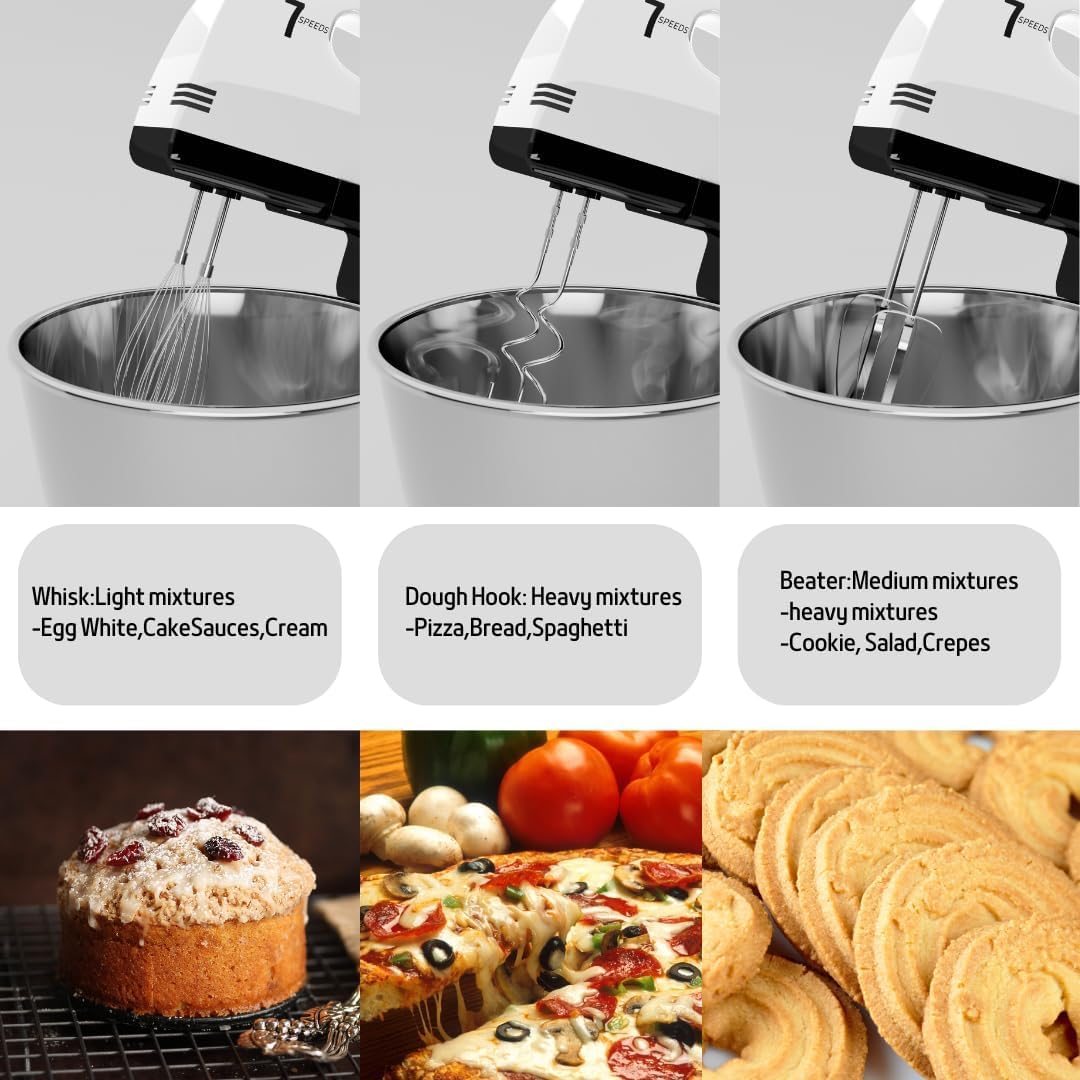 Stand Mixers, 7 Speeds With 3QT Stainless Steel Bowl, Stand and Hand Mixer with Dough Hook, Whisk, Mixing Beater for Baking, Cake, Cookie, Kneading (QD1)