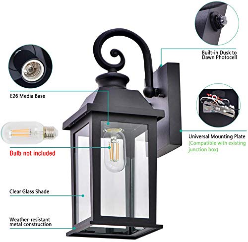 Outdoor Wall Light Dusk to Dawn Sensor Porch Light Exterior Wall Sconce Waterproof Matte Black Wall Lantern Outdoor Light Fixture Wall Mount Outdoor Light for House (Bulb Not Included)