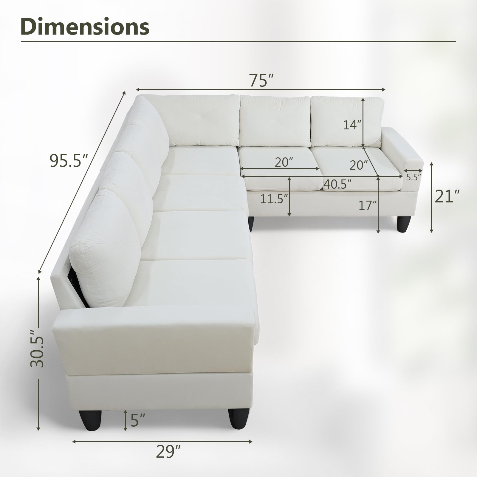 Rovibek Sofa Couches U L Shaped 6-Seater for Living Room, White