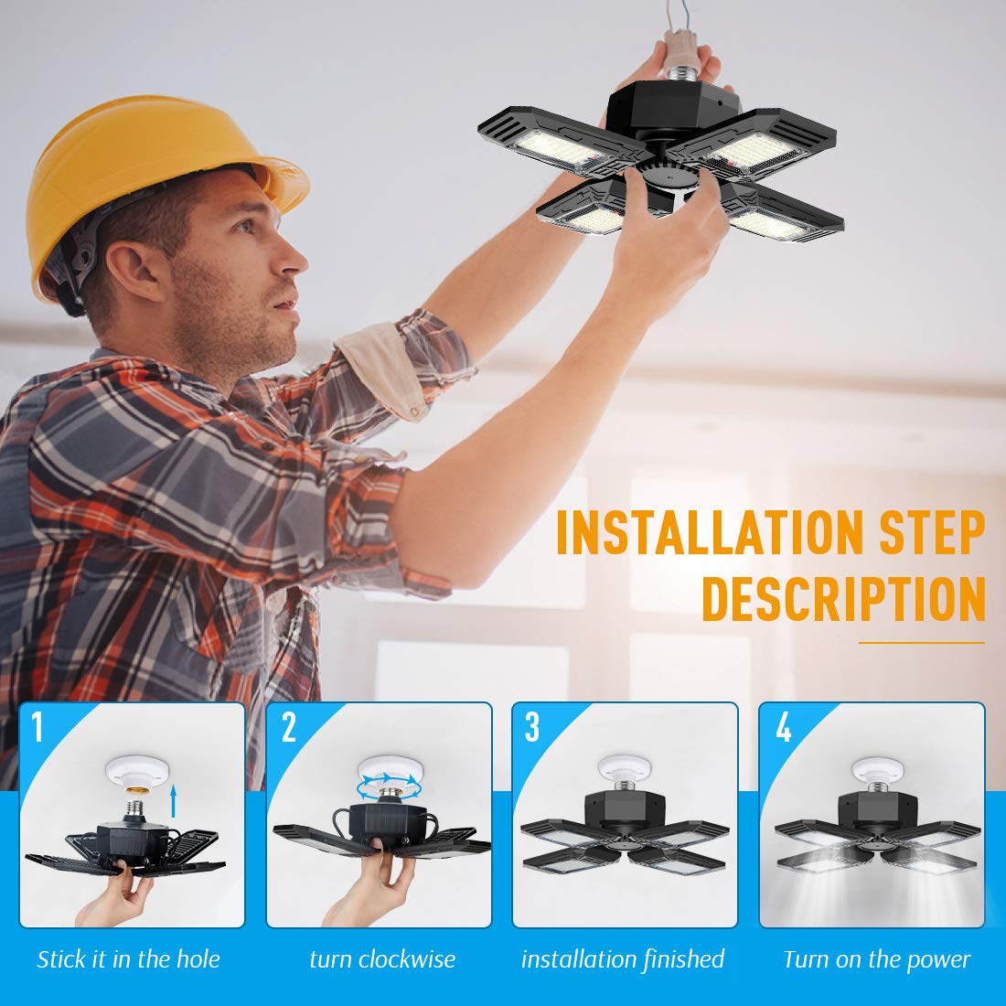 Jiffi 120W LED Garage Lighting, Deformable Garage Light, 12000LM 6500K Four-Leaf Garage Ceiling Light Fixtures with Adjustable Panels, E26/E27 Base, LED Lights for Basement Workshop Warehouse(2 Pack)