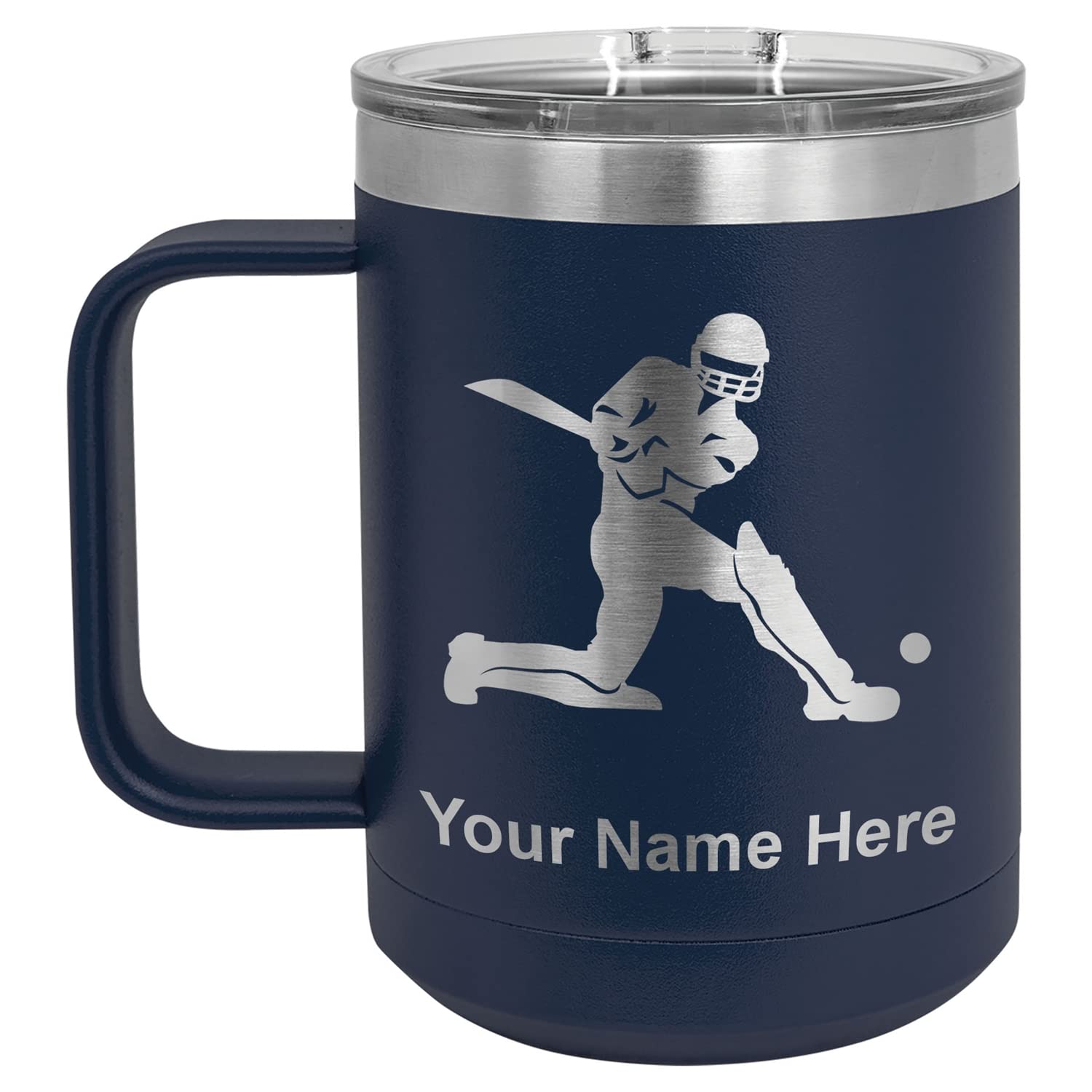 LaserGram 15oz Vacuum Insulated Coffee Mug, Cricket Player, Personalized Engraving Included (Navy Blue)