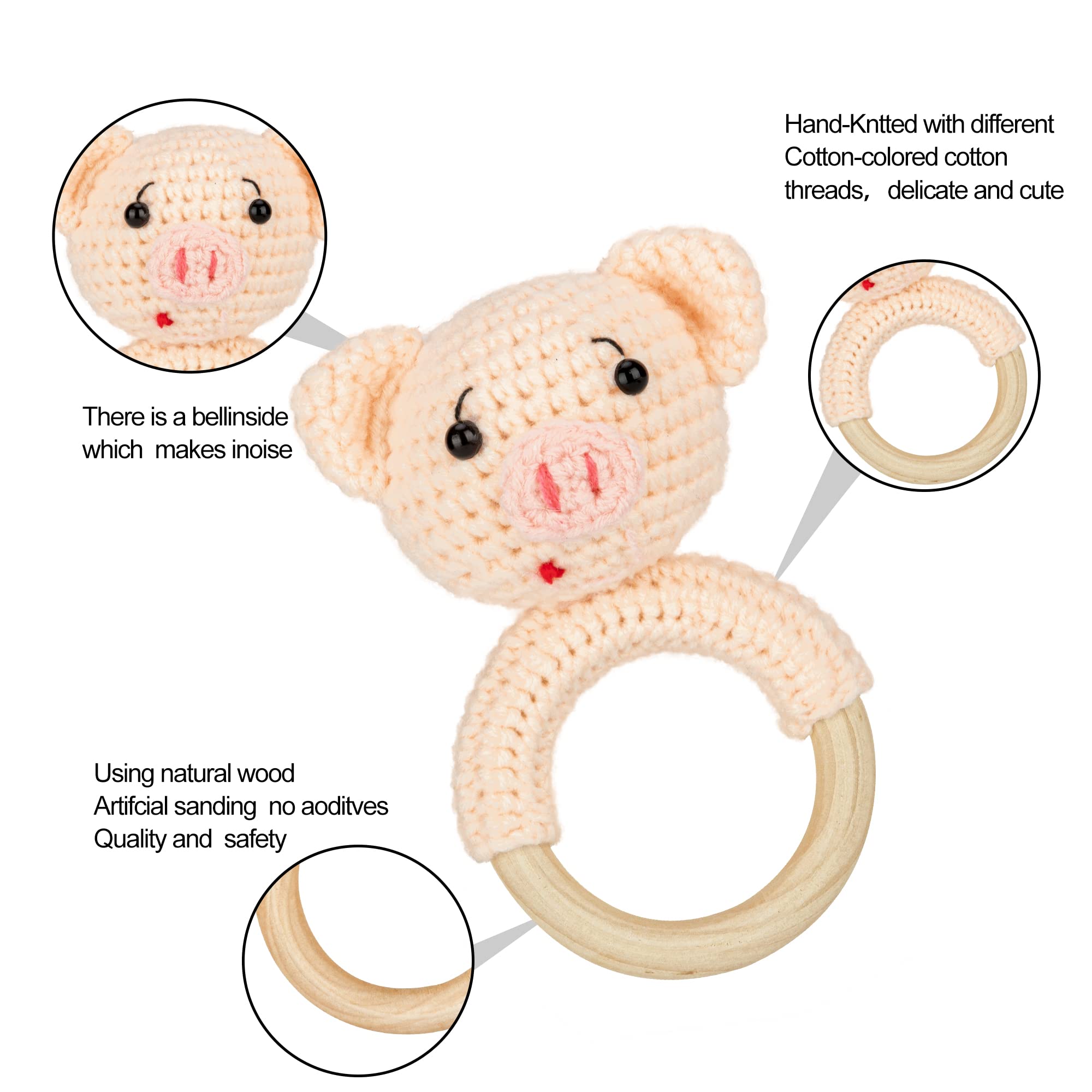 LUJCCHY Animals Wooden Baby Rattle Toys Stuffed Crochet Rattle with Teether Ring for Newborn, Shaker Rattles Natural Infants First Toy Gift