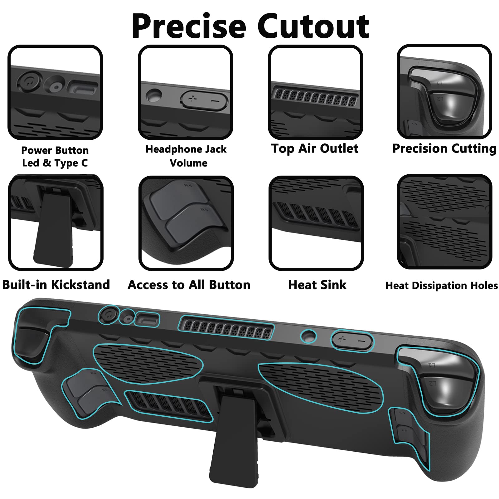 KUNSLUCK Protective Case for Steam Deck, TPU Protective Cover Case with Kickstand and 6 Pcs Protective Skin Compatible with Steam Deck, Shock-Absorption Non-Slip Anti-Scratch Design (Black