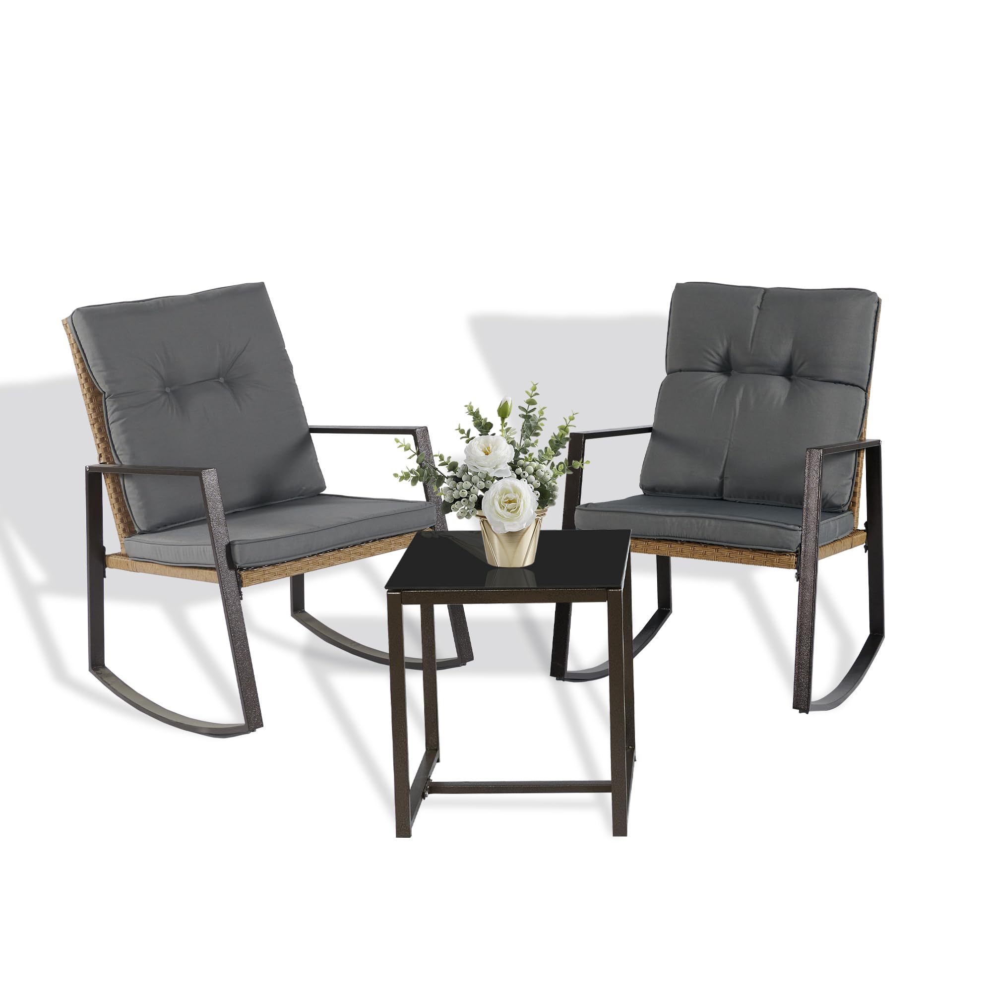 VSMKSJ 3 Pieces Patio Rocking Chairs Set of 2, Outdoor Wicker Patio Sets Conversation Coffee Table for Front Porch,Balcony,Garden,Poolside,Washable Cushion (Grey)