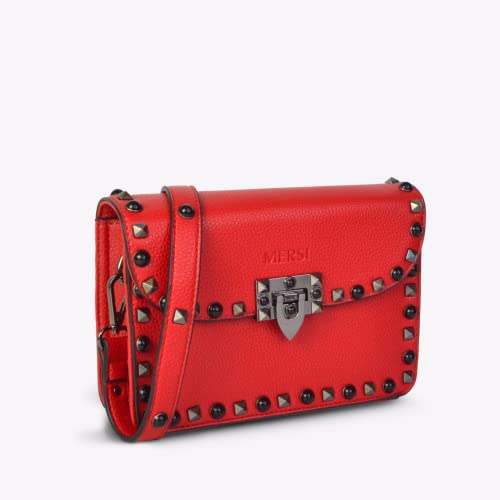 MERSI Ruby Crossbody Purse - Gorgeous Vegan Leather with Stunning Studded Detail - Includes Two Adjustable Shoulder Straps for a Comfortable Carrying Experience - Red