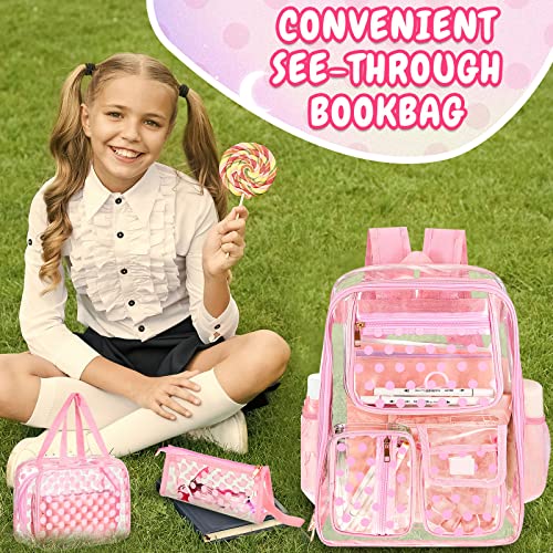 Silkfly 3 Pcs Clear Backpack Transparent School Backpacks PVC Clear Bookbag with Lunch Bag Pencil Case for Stadium, School (Pink, Polka Dot)