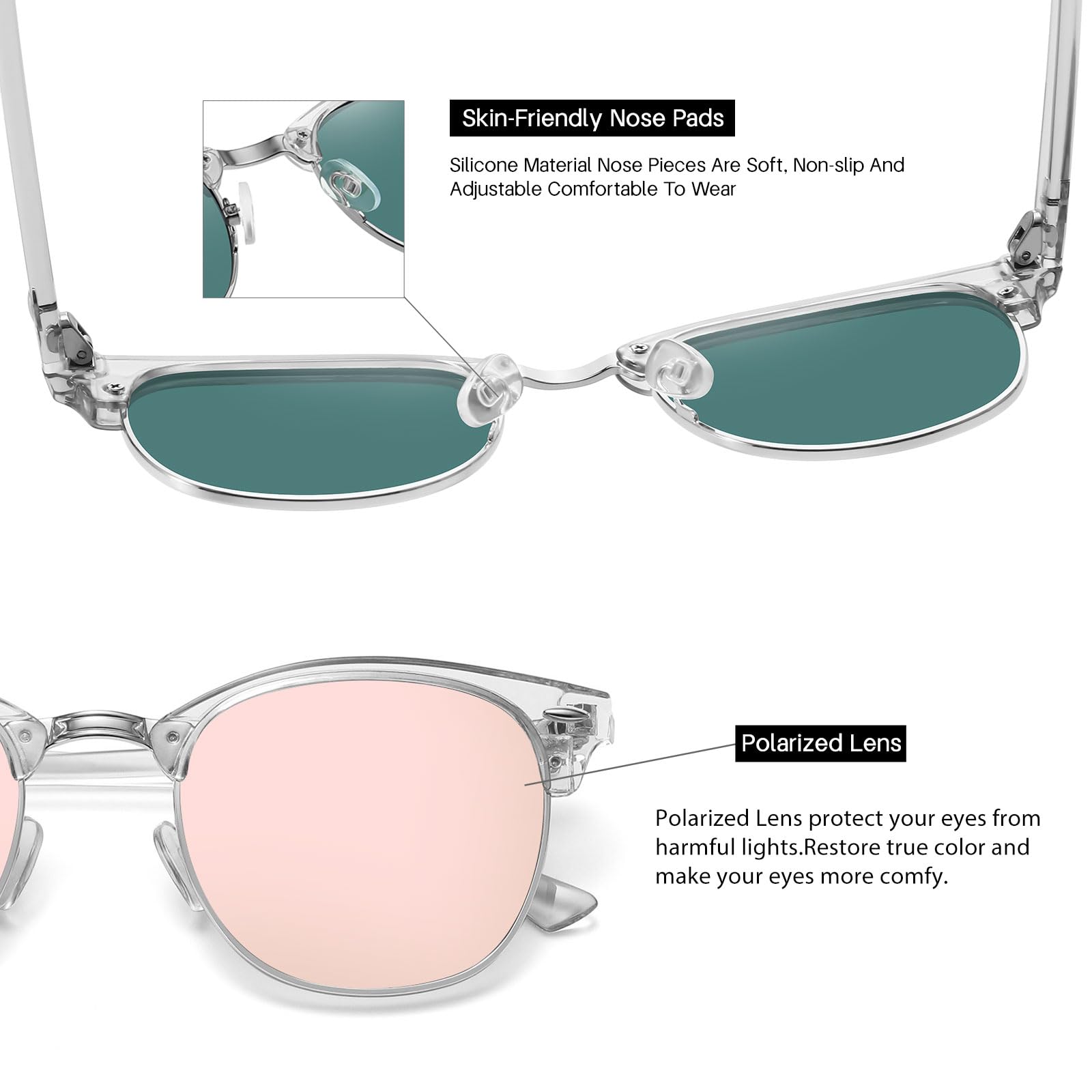 MEETSUN Retro Semi Rimless Polarized Sunglasses for Women Men Trendy Mirror Lens Driving Sun Glasses 3 Pack Black Brown Pink