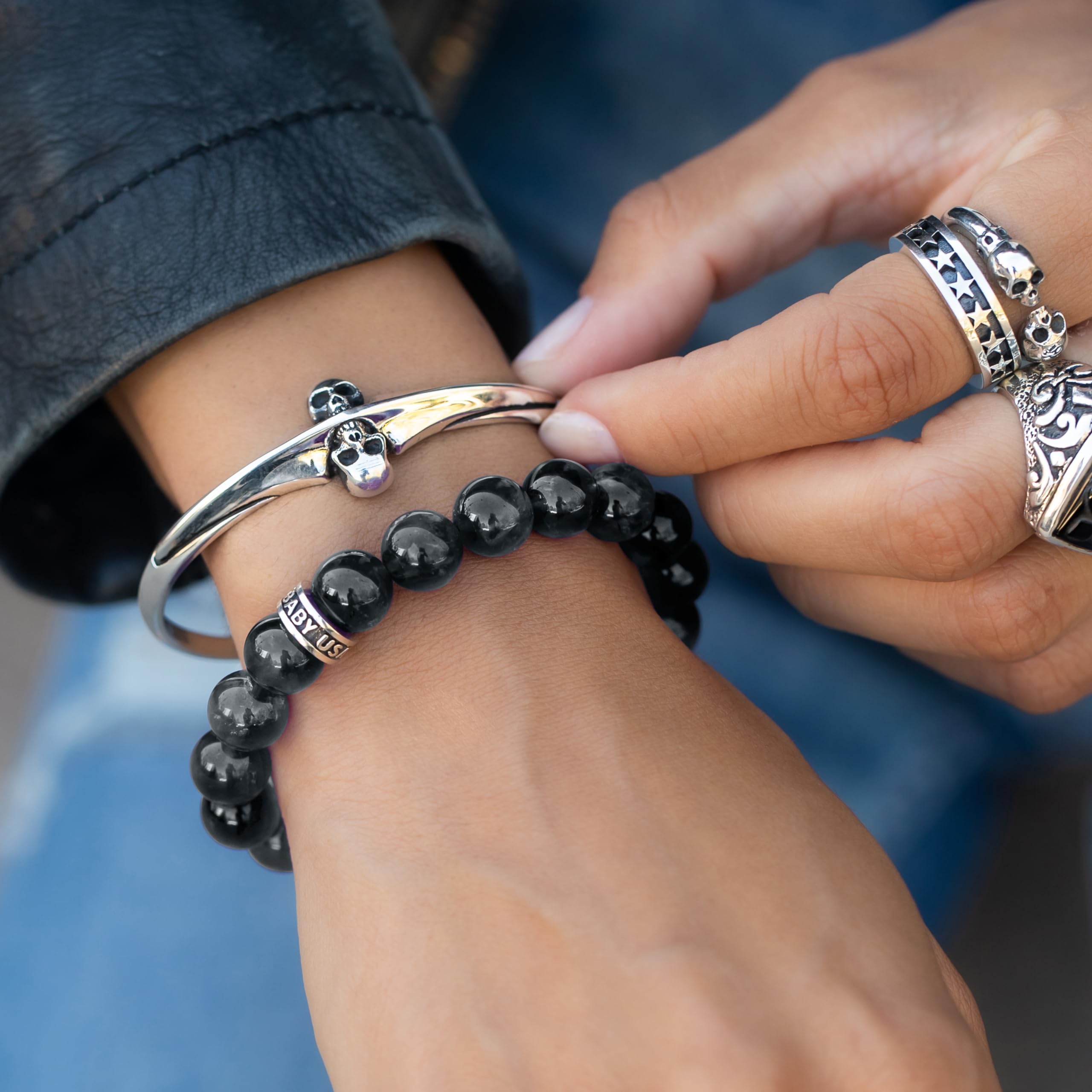 King Baby .925 Sterling Silver & 10mm Semi-Precious Stone Unisex Stretch Bracelet with Logo Rondelle Bead - Blue Tiger's Eye, 8-3/4"