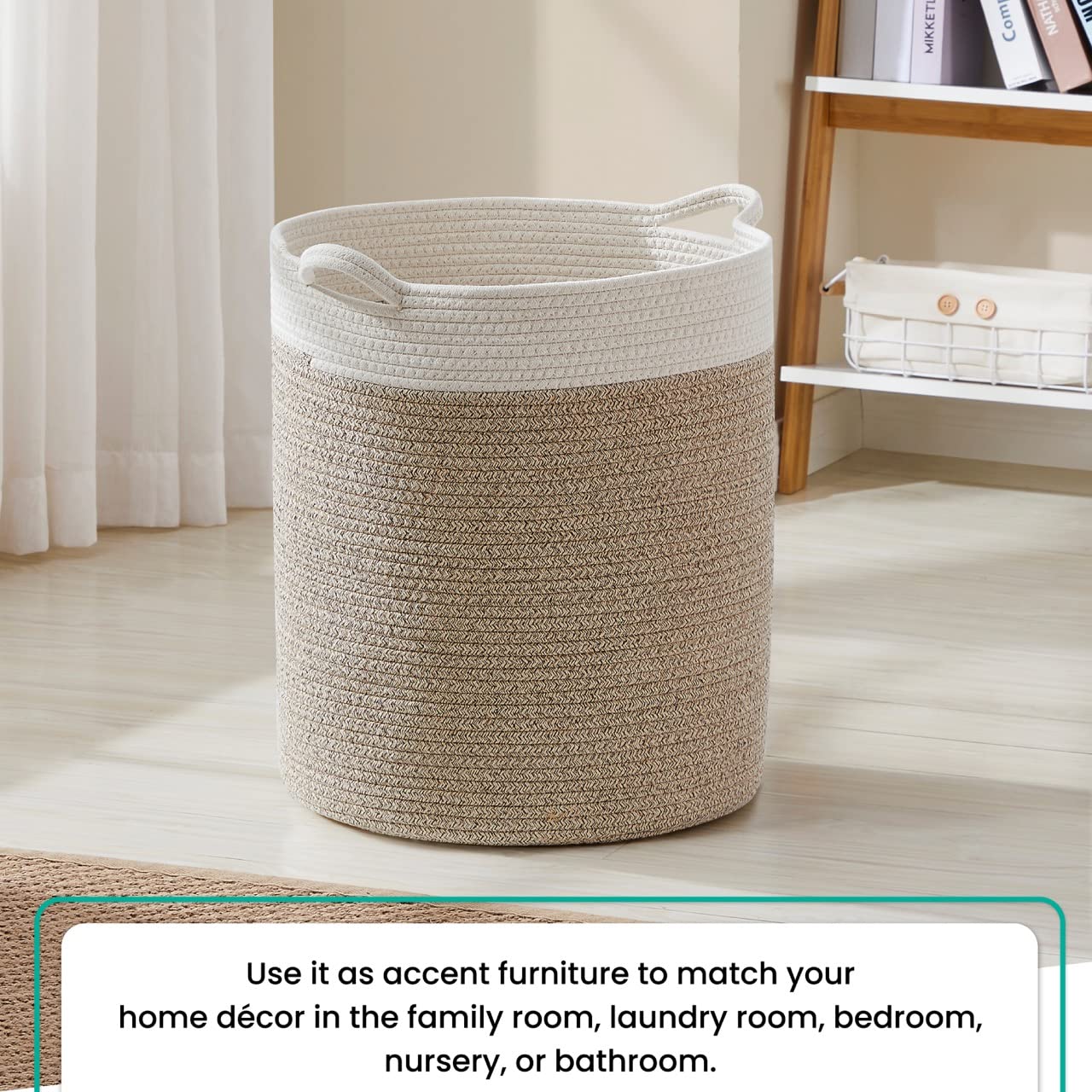 Organizix Large Cotton Rope Laundry Hamper Woven Basket with Handles, Storage Basket for Toys, Blanket, Throws, Pillows and Towels - 18 x 16, White/Beige