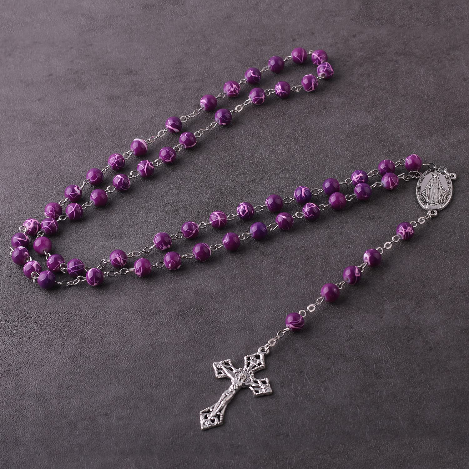 Luomu 8mm Glass Beads with Beautiful Pattern Printed Catholic Chain Rosary Necklace with Virgin Mary Miraculous Medal and Crucifix (Green)