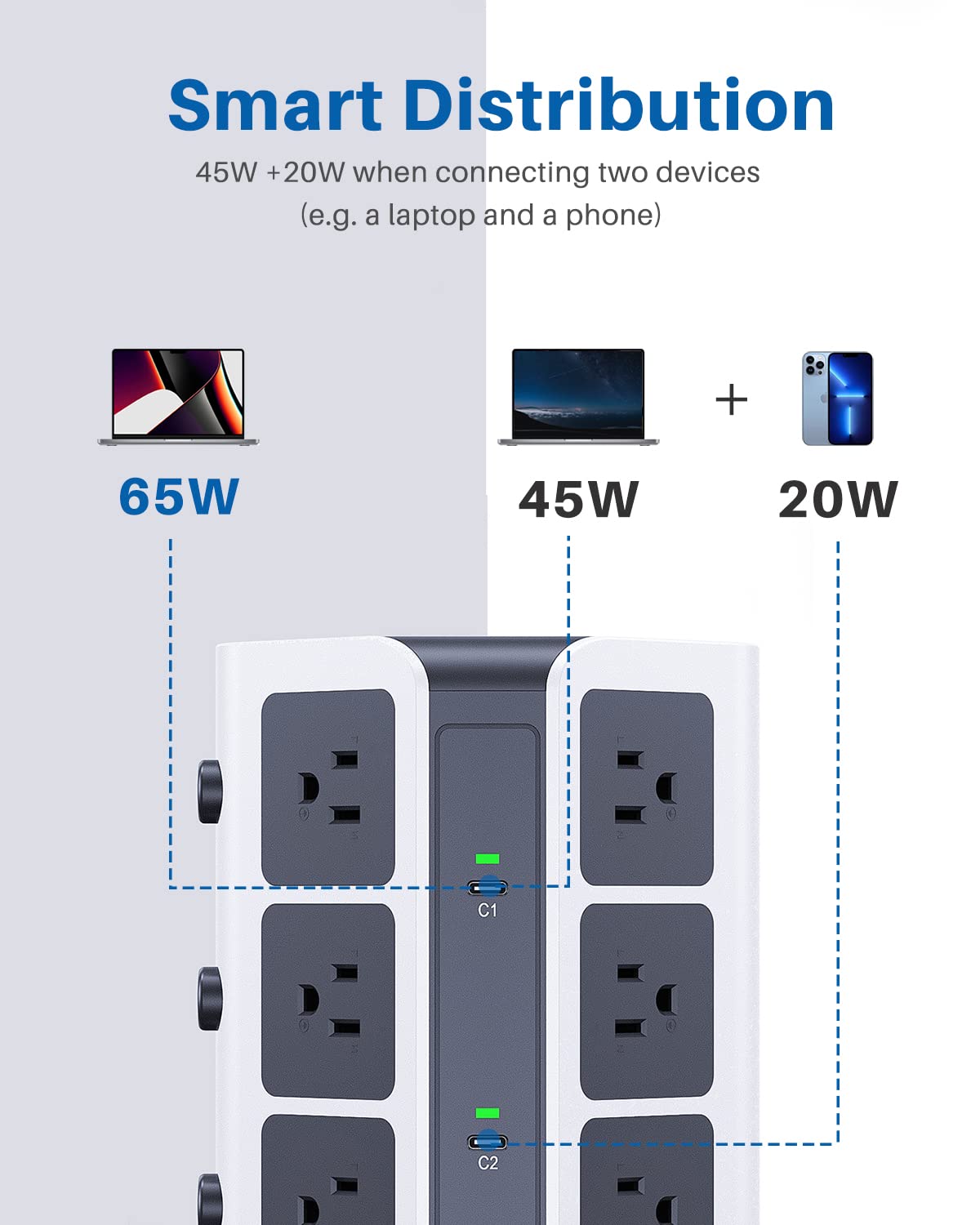 KOOSLA [65W] PD Power Strip Tower Surge Protector, USB C Desktop Charging Station with 12 Widely Spaced AC Outlets / 2 USB-C / 3 USB-A Ports, 6.5ft Heavy-Duty Extension Cord for Home Office Dorm…