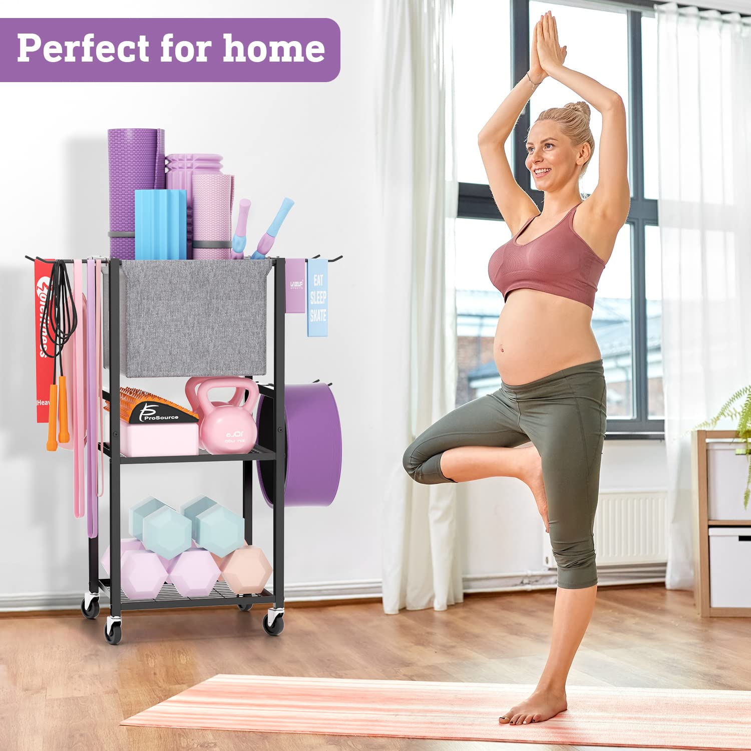 Home Gym Storage Organizer Yoga Mat Storage Workout Storage Organizer,Home Gym Storage Exercise Rack Gym Accessories with Hooks and Wheels