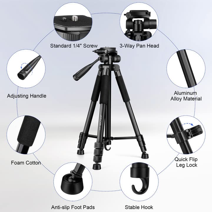 JOILCAN Camera Tripod, Heavy Duty Tripod for Camera, 67" Phone Tripod for Video Recording Photo Vlogging, Aluminum Phone Tripod with Remote & Travel Bag for DSLR Camera Phone Projectors Lasers