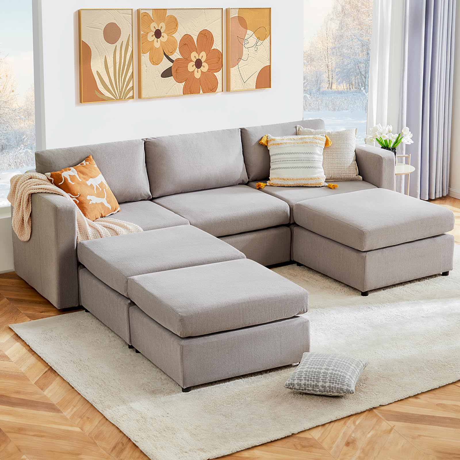 Sweetcrispy Convertible Modular Sectional Sofa, 8 Seat Sectional Couches for Living Room, U-Shaped Modern Fabric Modular Sofa Sleeper with Double Chaise for Home, Apartment, Grey